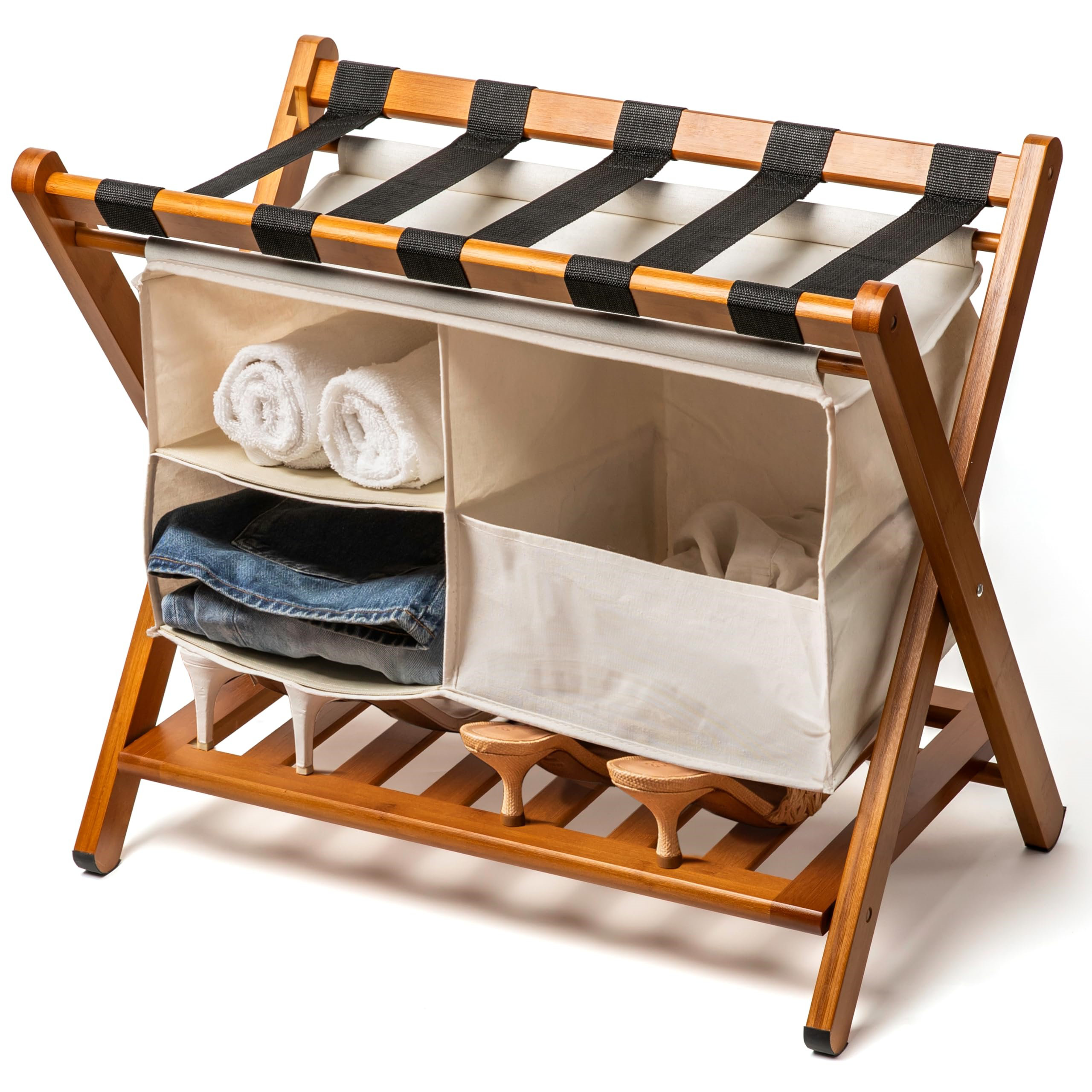 ONILEM Folding Luggage Rack with Laundry Bag - Heavy Duty Bamboo ...