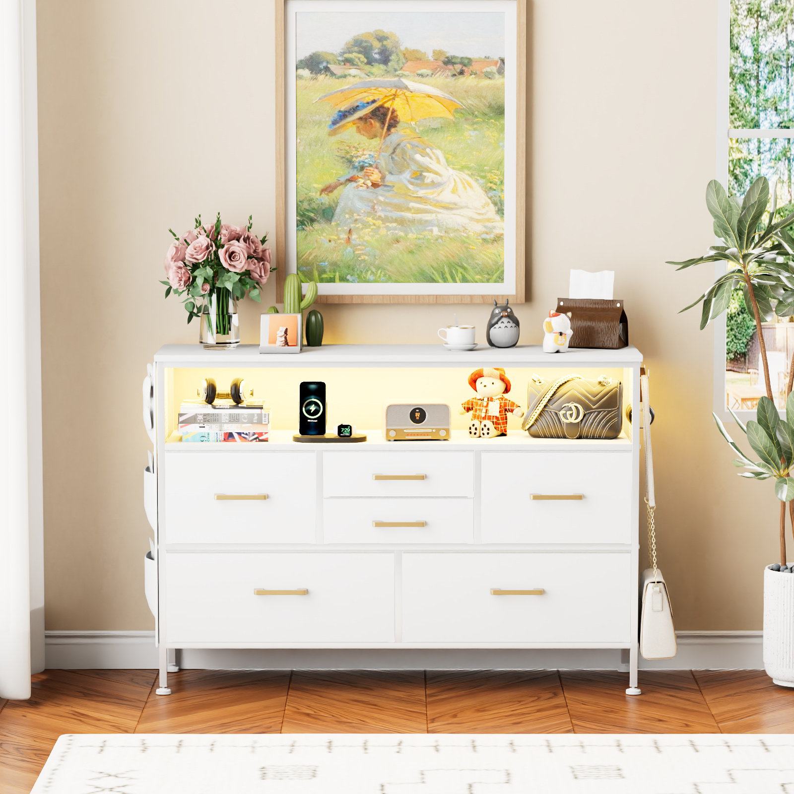 Wrought Studio™ White Dresser for Bedroom TV Stand 6 Drawers - charging ...