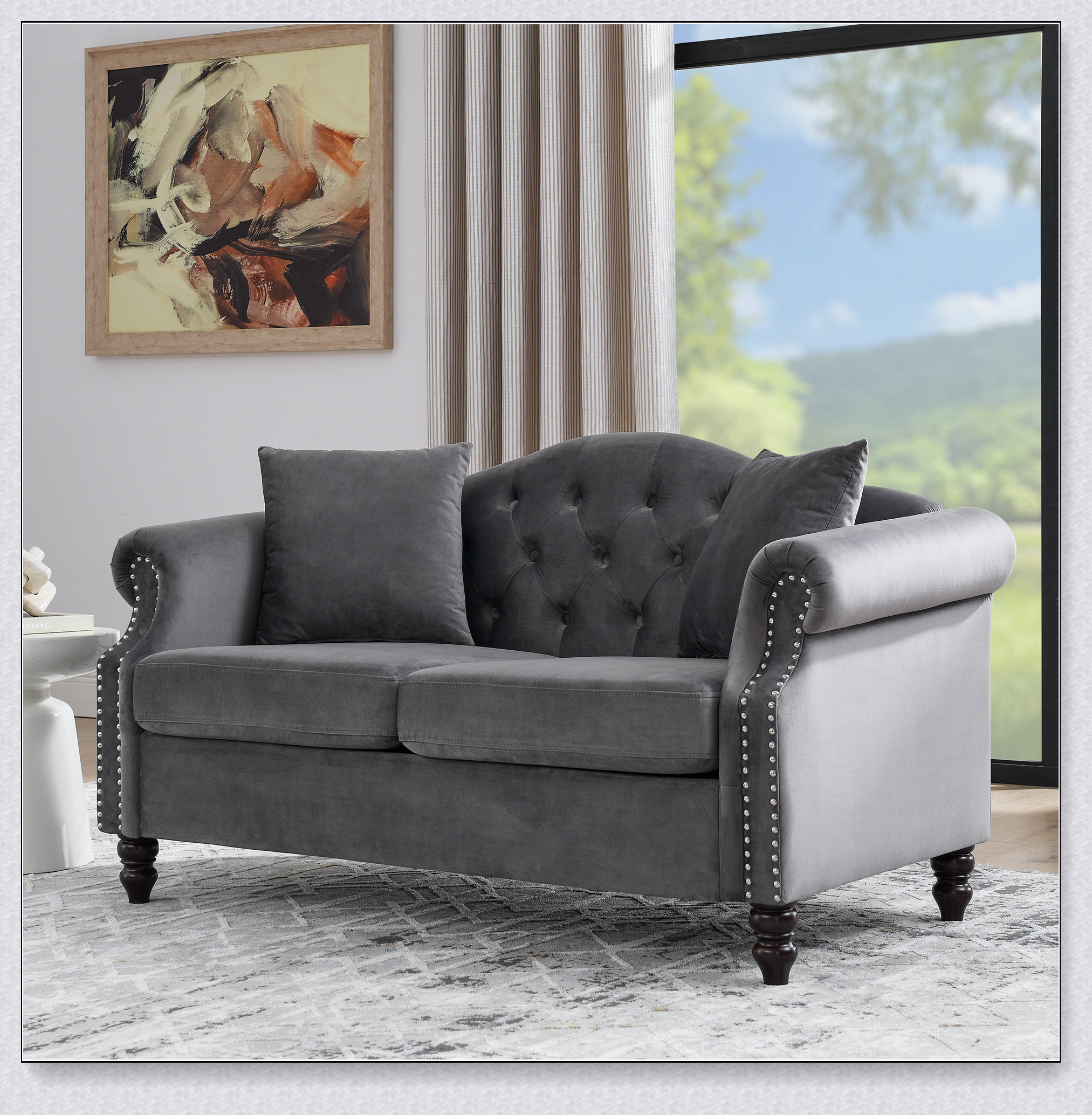 House of Hampton® 57" Chesterfield Sofa Grey Velvet for Living Room, 2 ...
