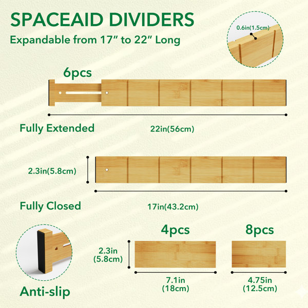SpaceAid Bamboo Drawer Dividers with Labels and Inserts, Adjustable ...