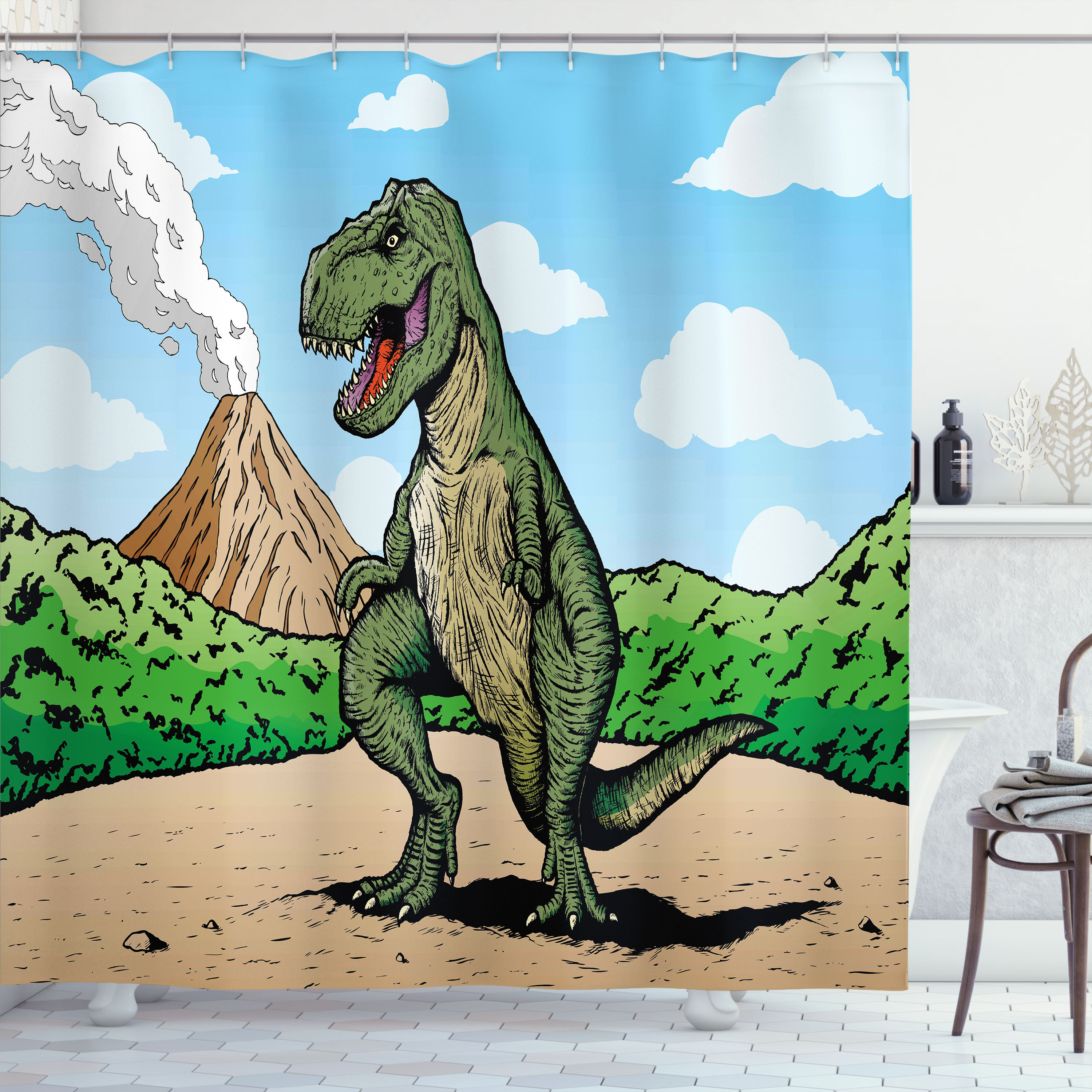 East Urban Home Dinosaur Shower Curtain T-Rex Active Volcano Pale Brown ...
