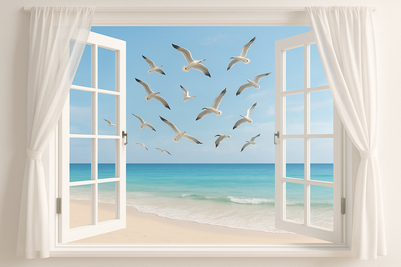 Beachcrest Home™ Seagulls Over Shore from Open Window - Coastal Window ...