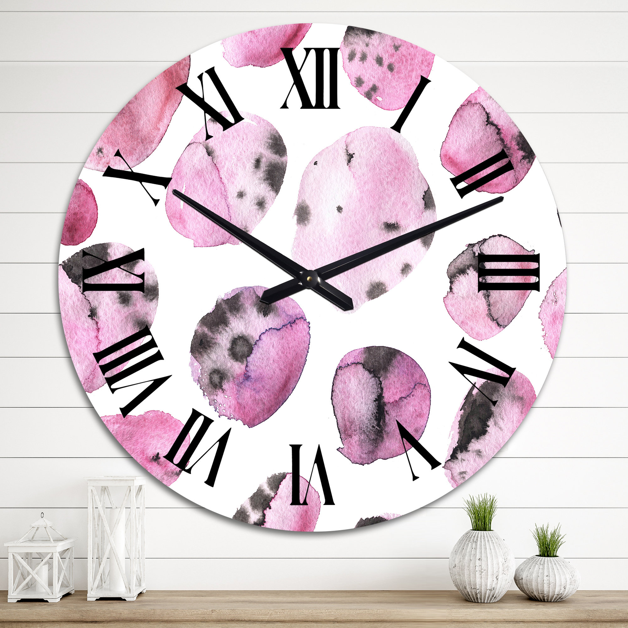 East Urban Home Pink and Black Shapes on White - Modern Wall Clock ...