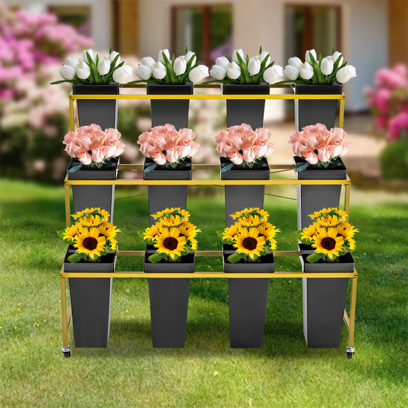 Everly Quinn 3-tier Metal Plant Stand with 12 Flower Buckets and Wheels ...