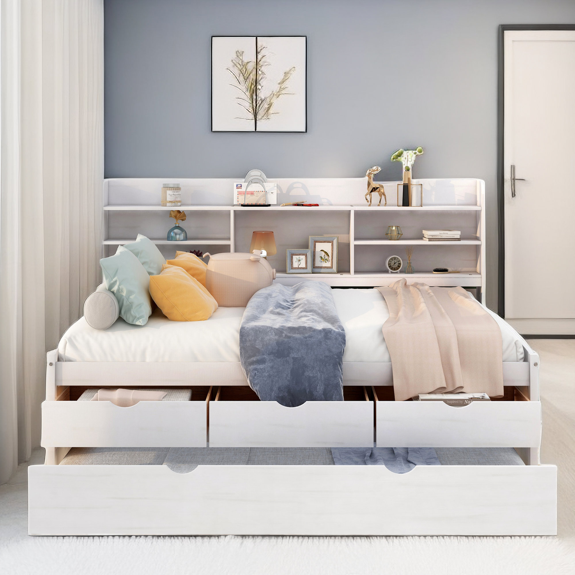 Wildon Home® Bethellen Daybed with Bookcase Headboard, Three Drawers ...