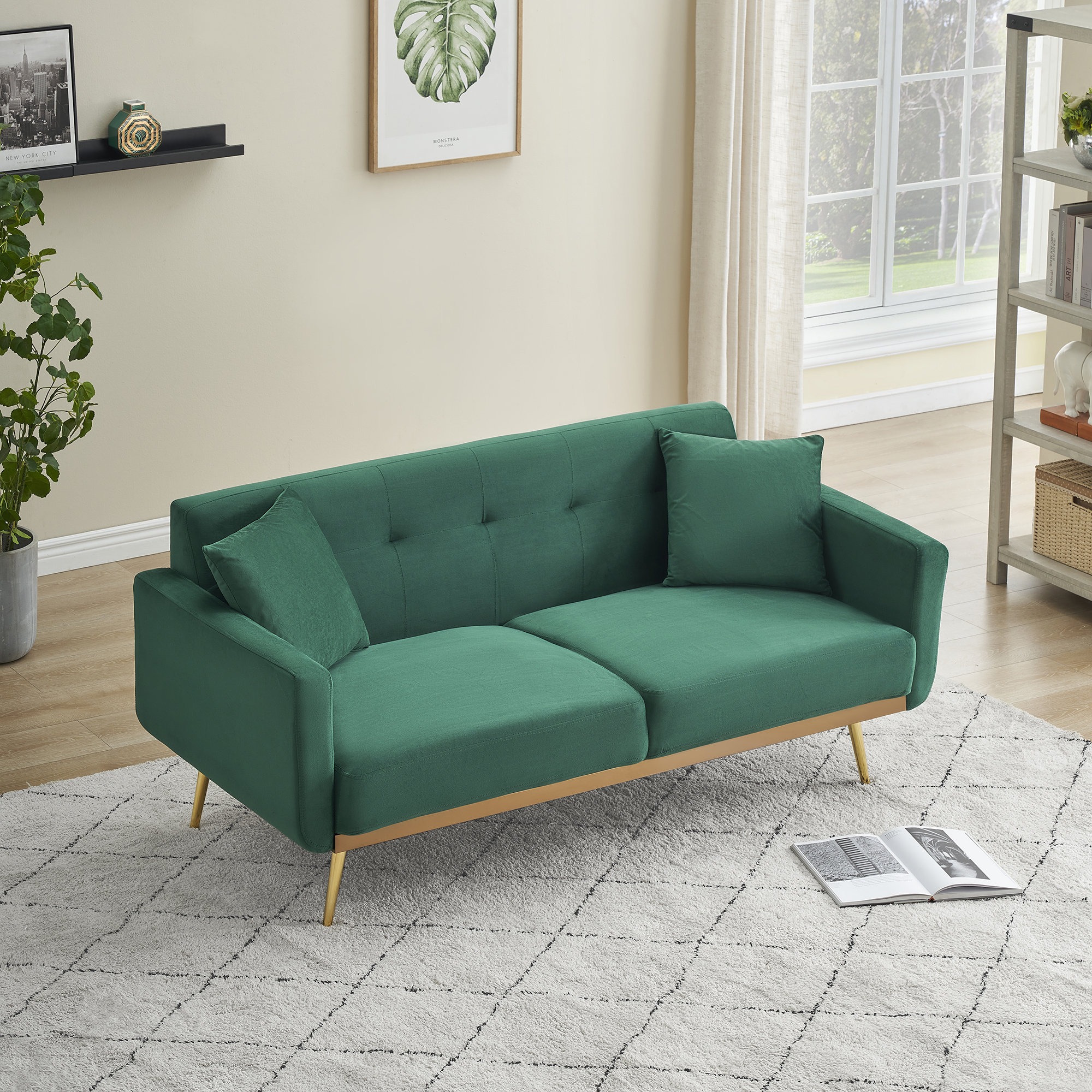 Mercer41 Modern 70" velvet couch upholstered sofa with two throw ...