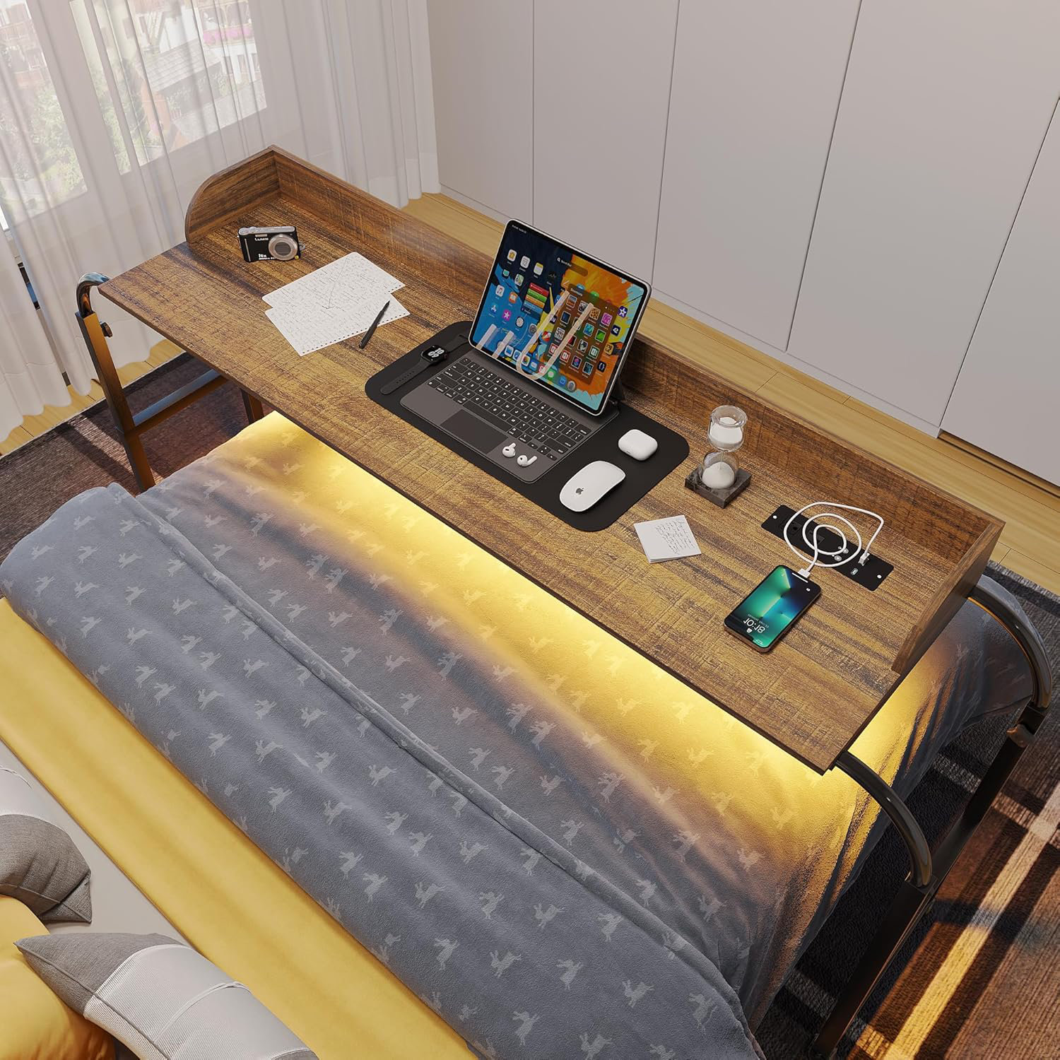 17 Stories Overbed Desk with Charging Station-Over Bed Table-Adjustable ...