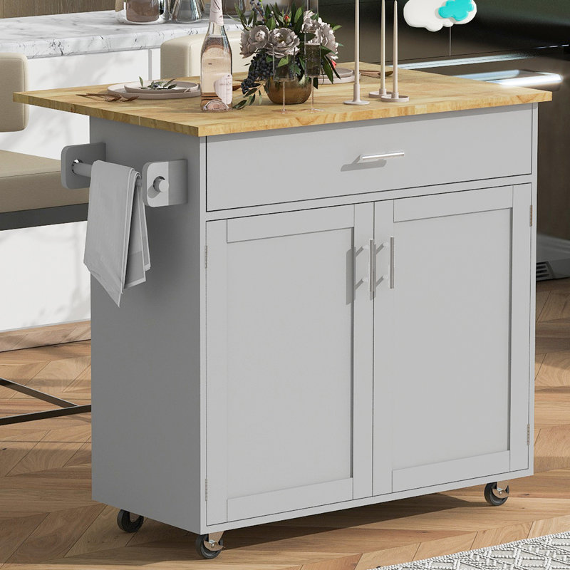 Latitude Run® Rolling Kitchen Island With Rubber Wood Top,1 Cabinet ,1 ...