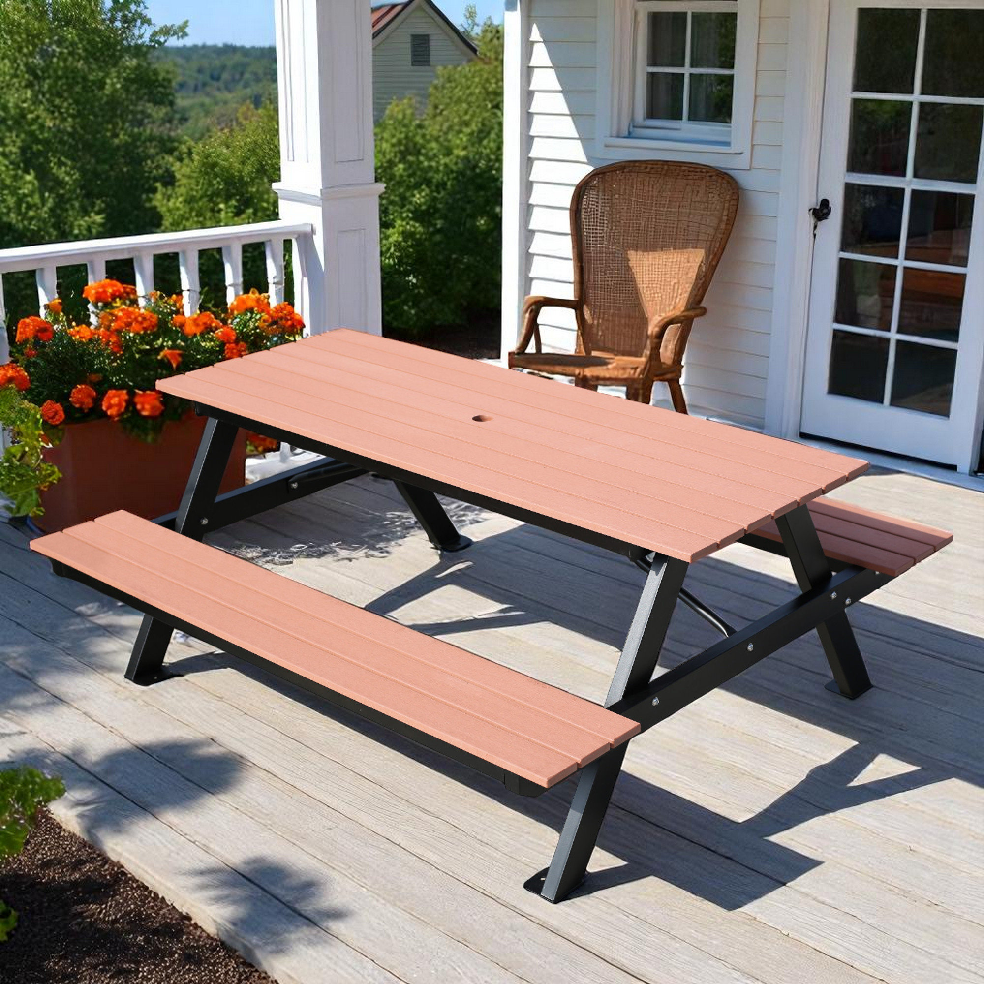 Hokku Designs Outdoor HDPE Picnic Table Benches Set , Rectangle Patio ...
