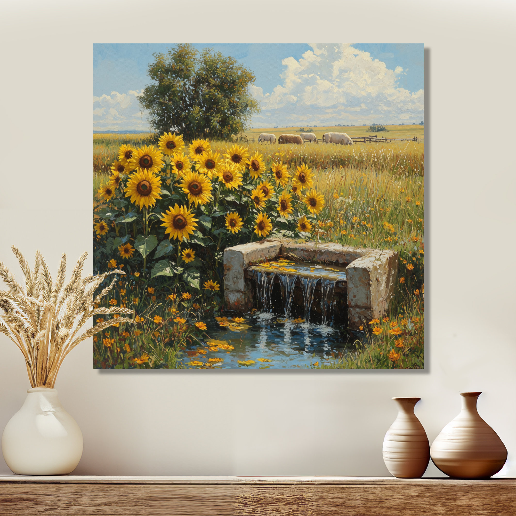 August Grove® Donjay Sunflowers Near The Water Trough I - Sunflowers ...