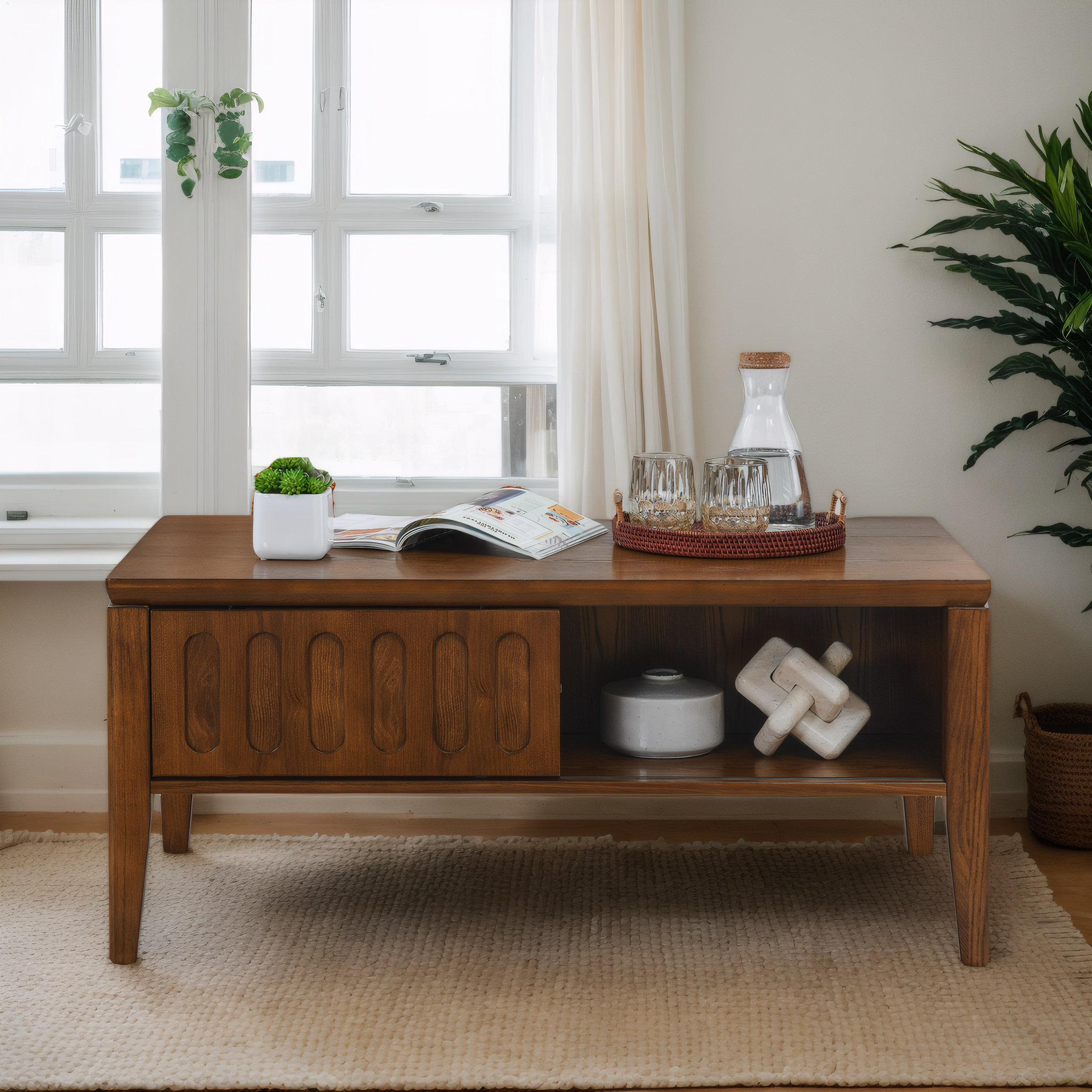 Millwood Pines Mid Century Modern Coffee Table w/ Storage, Solid Wood ...