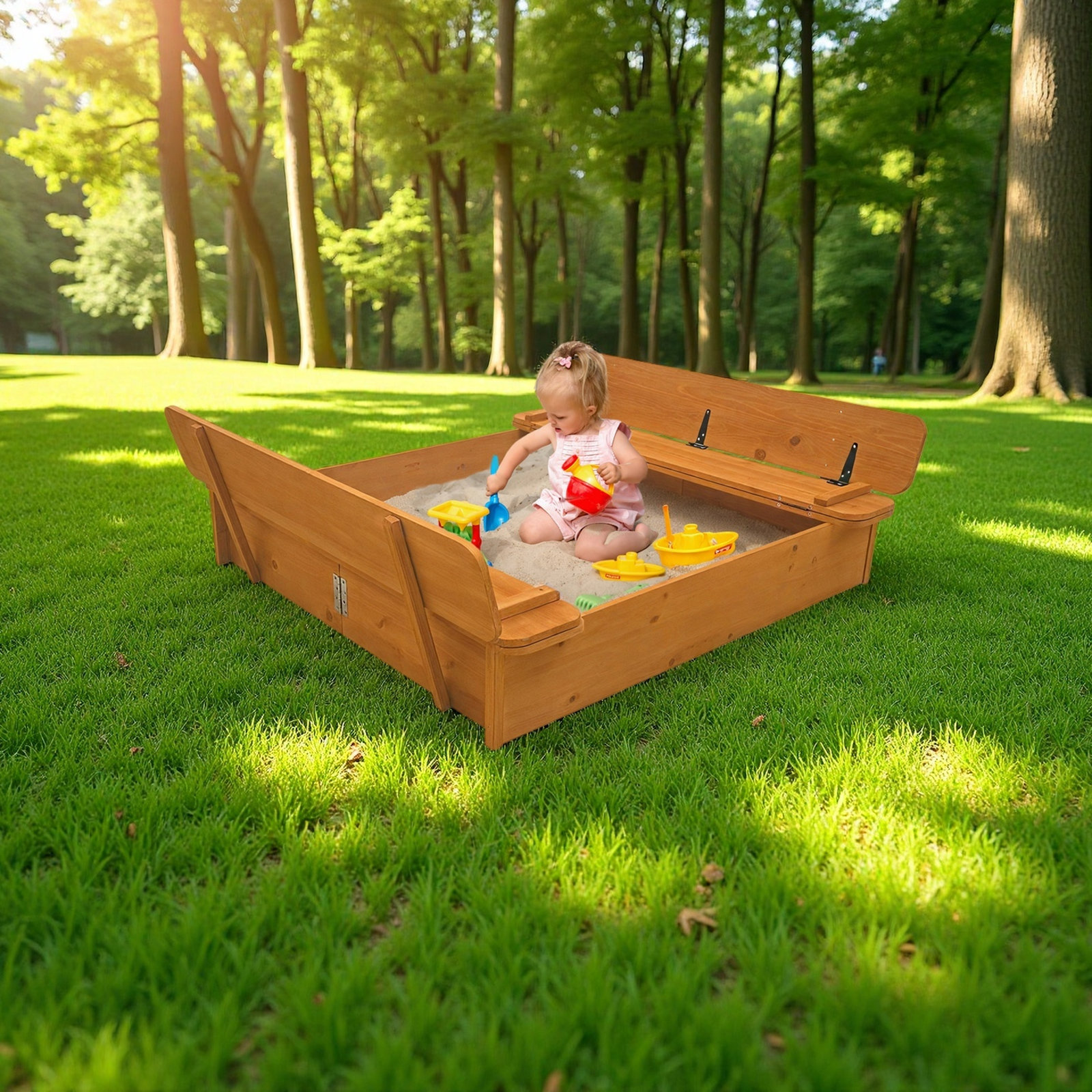 BENMARE Large Wooden Kids Sandbox with Lid – Outdoor Sand Box for Kids ...