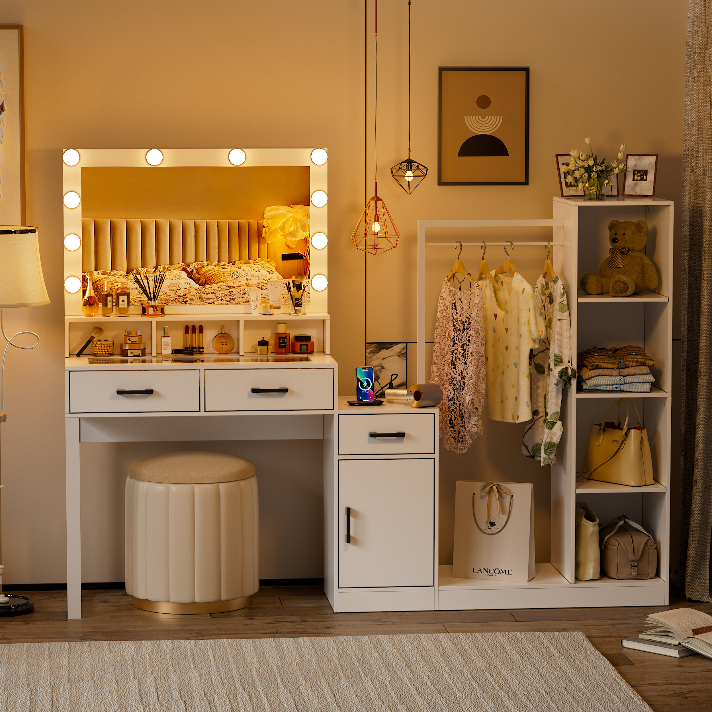 Latitude Run® White Makeup Vanity Desk with Mirror and Lights,Charging ...