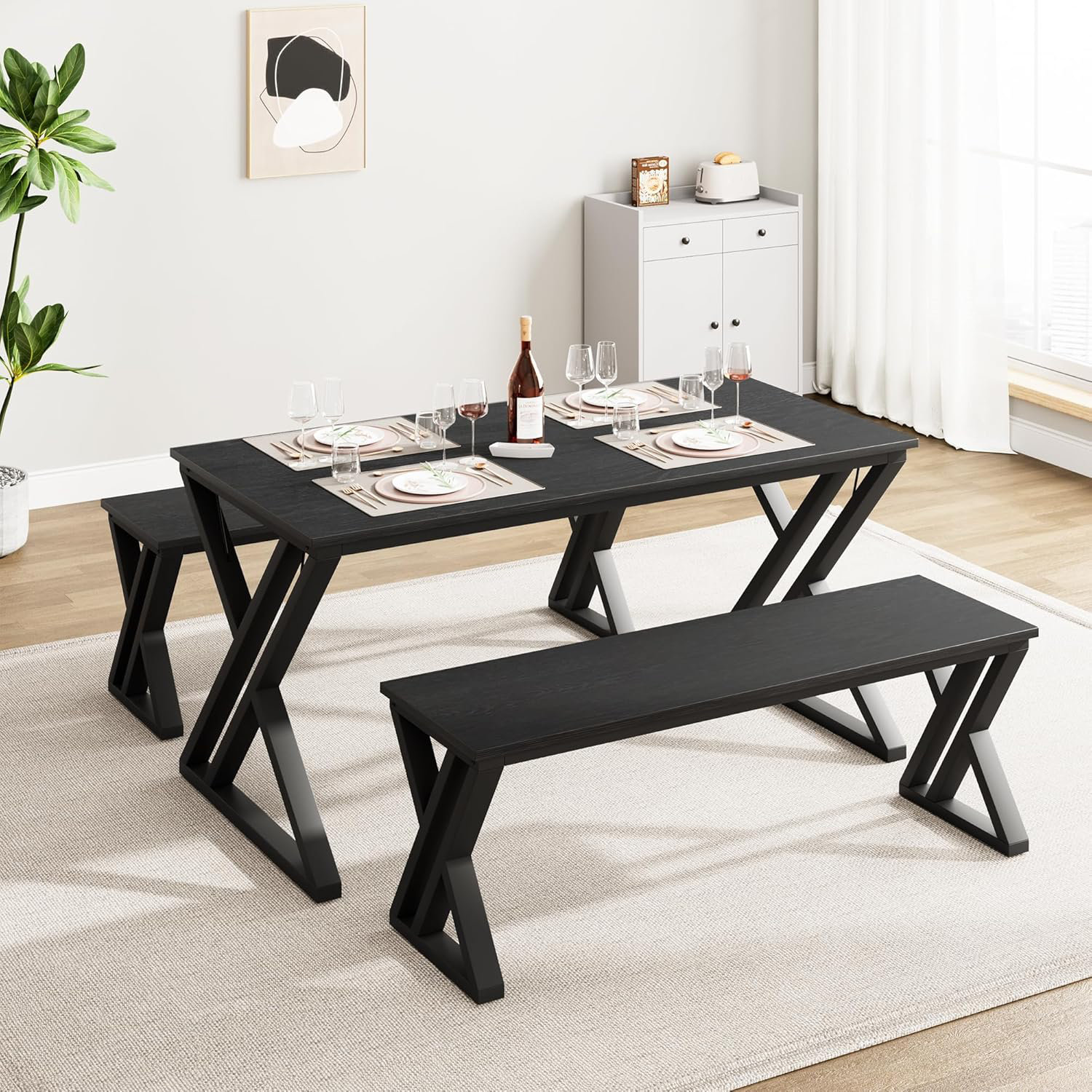 17 Stories Dining Table Bench Set For 4, Kitchen Table Set With 2 ...