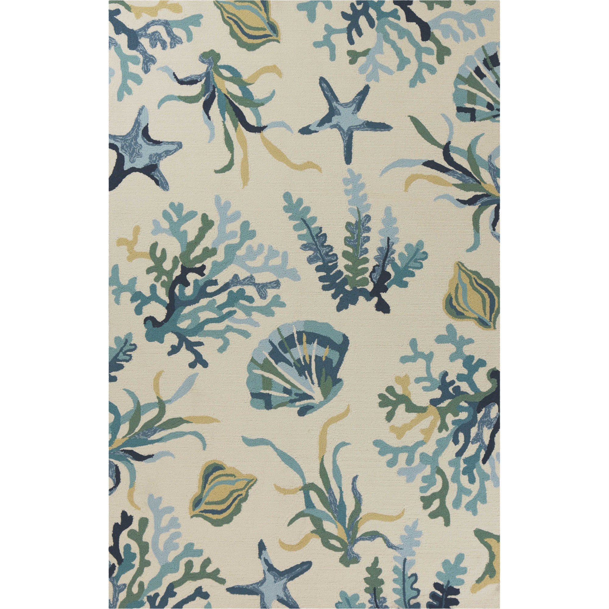 Highland Dunes Straka 3' X 5' Ivory and Blue Seashell and Coral Hand ...