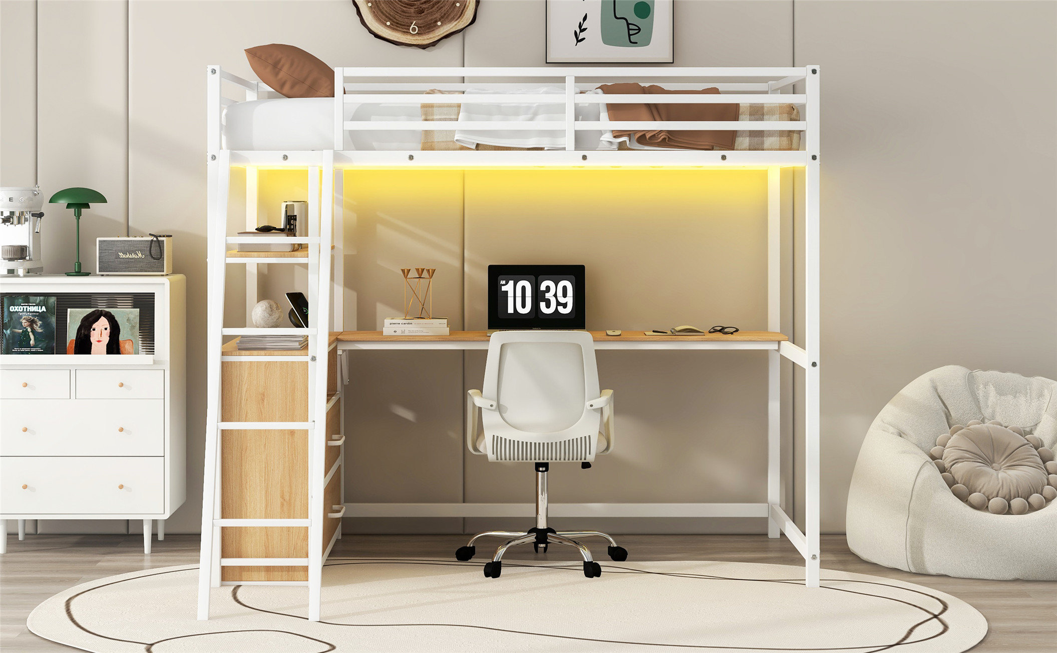 Mason & Marbles Versatile Metal&Wood Loft Bed with Desk, Shelves, Drawers, LED Light and USB ...