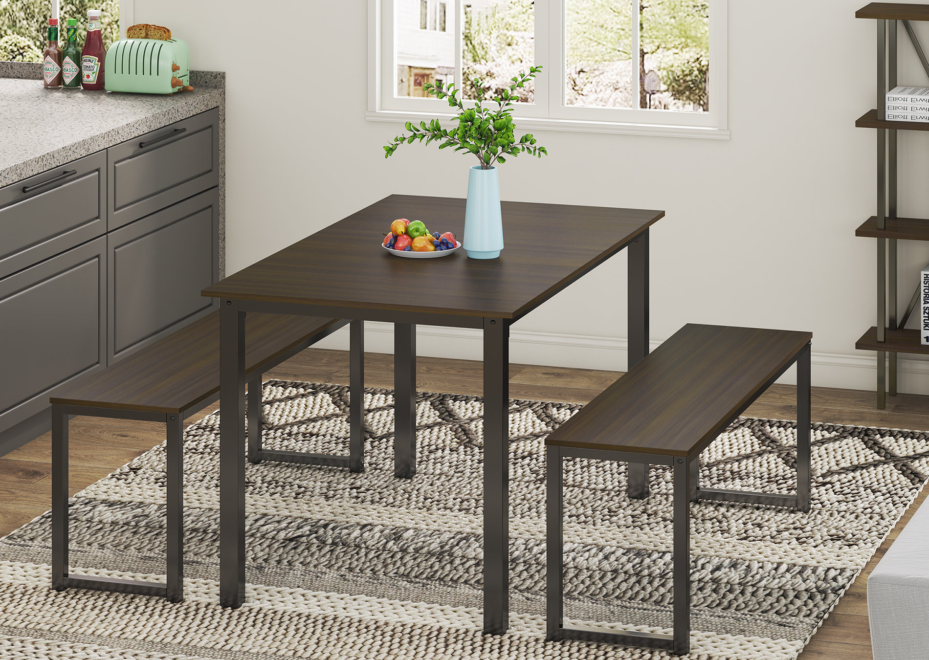 Ebern Designs Modern Dining Table With Two Benches 3 Piece Set ...