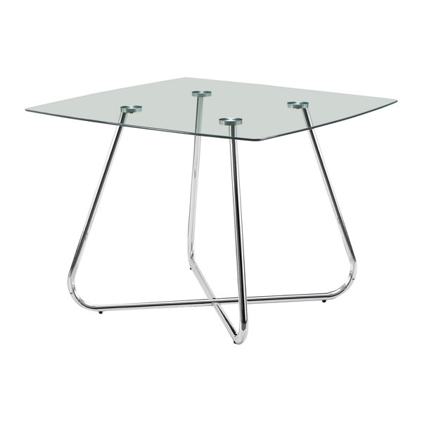 Benjara Dining Table, 40 Inch Square Clear Glass Top, Chrome Metal ...