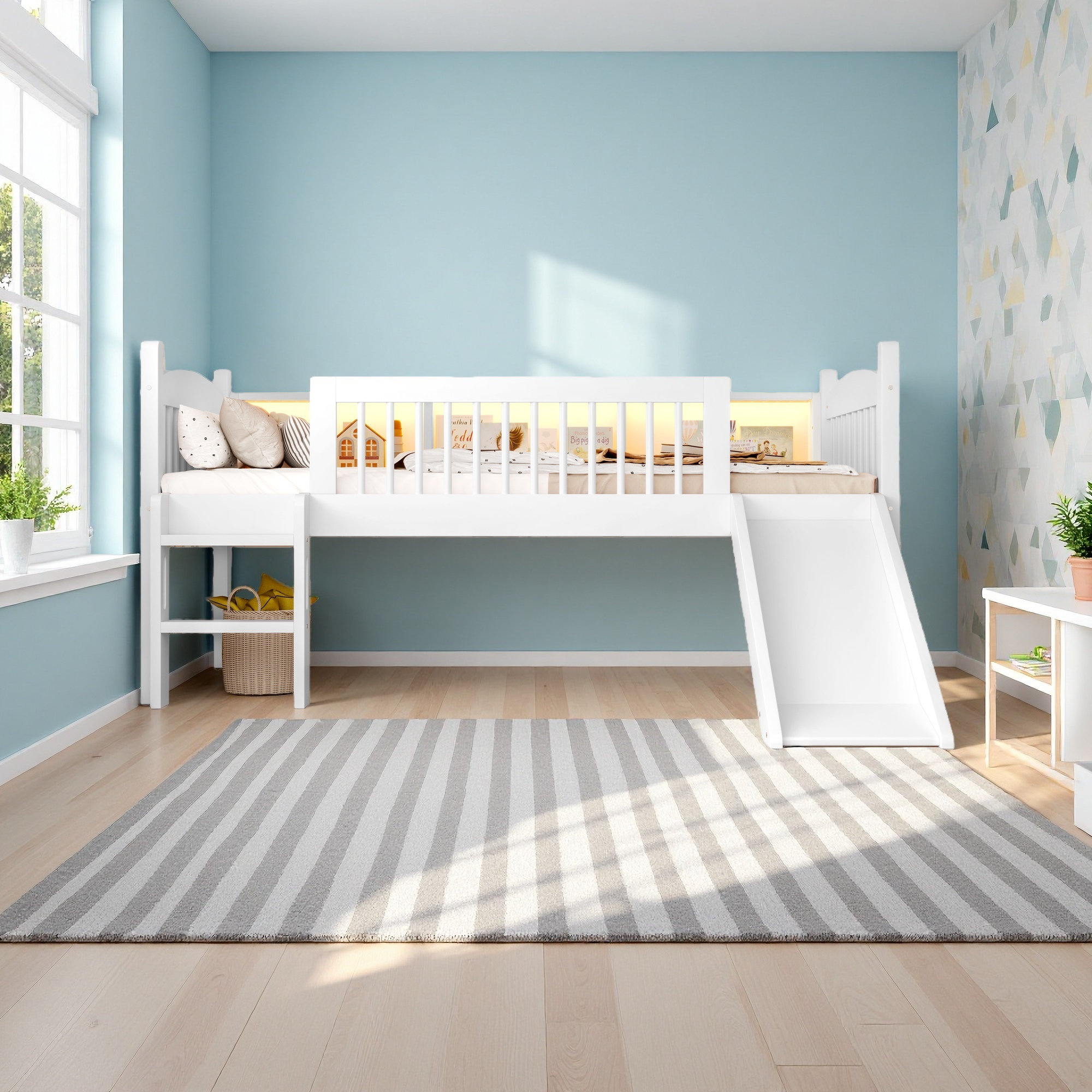 Harriet Bee Loft Bed With Storage Shelves, Solid Wood Lower Loft Bed With LED Lights And Full ...