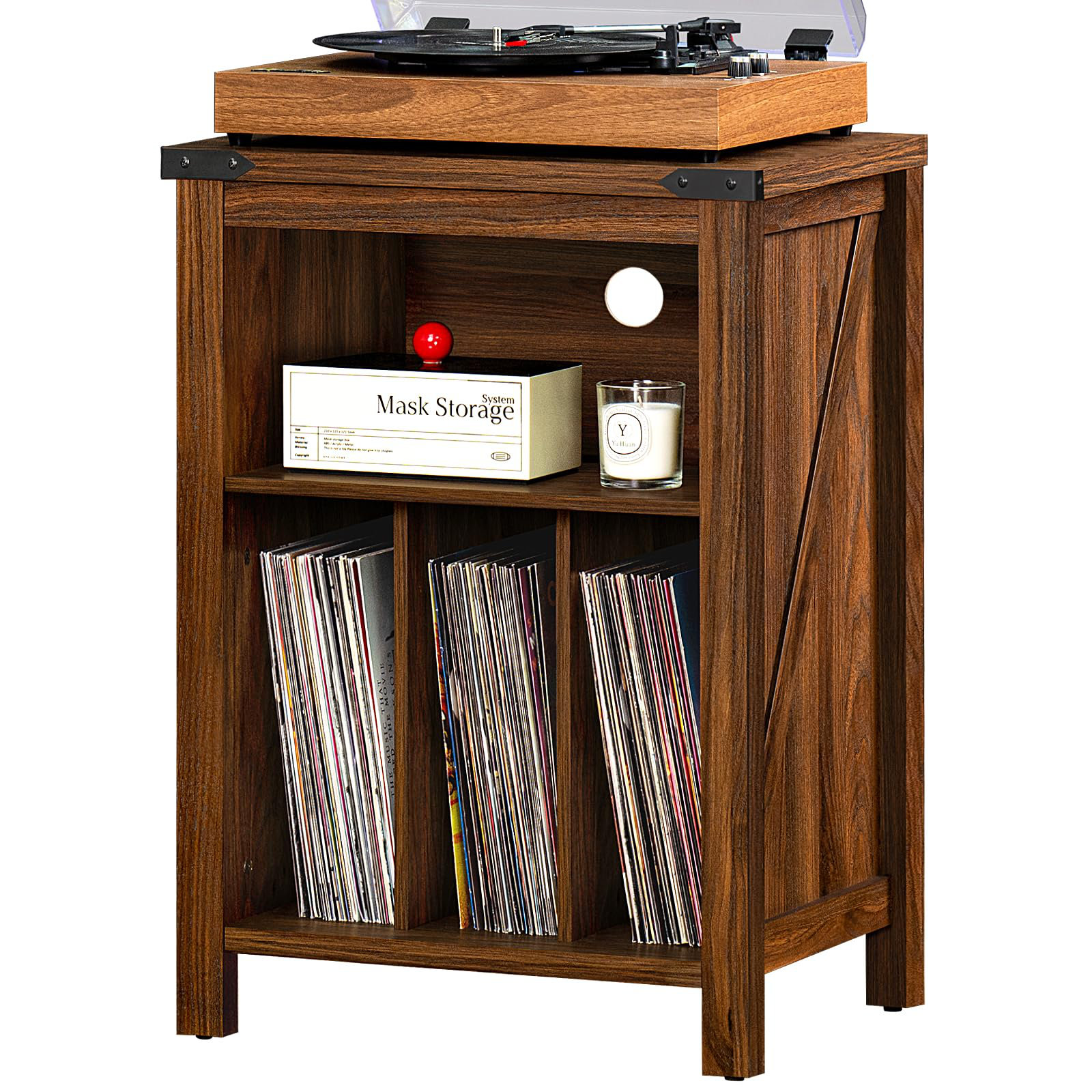 Gracie Oaks Record Player Stand With Vinyl Record Storage,Rustic Brown ...