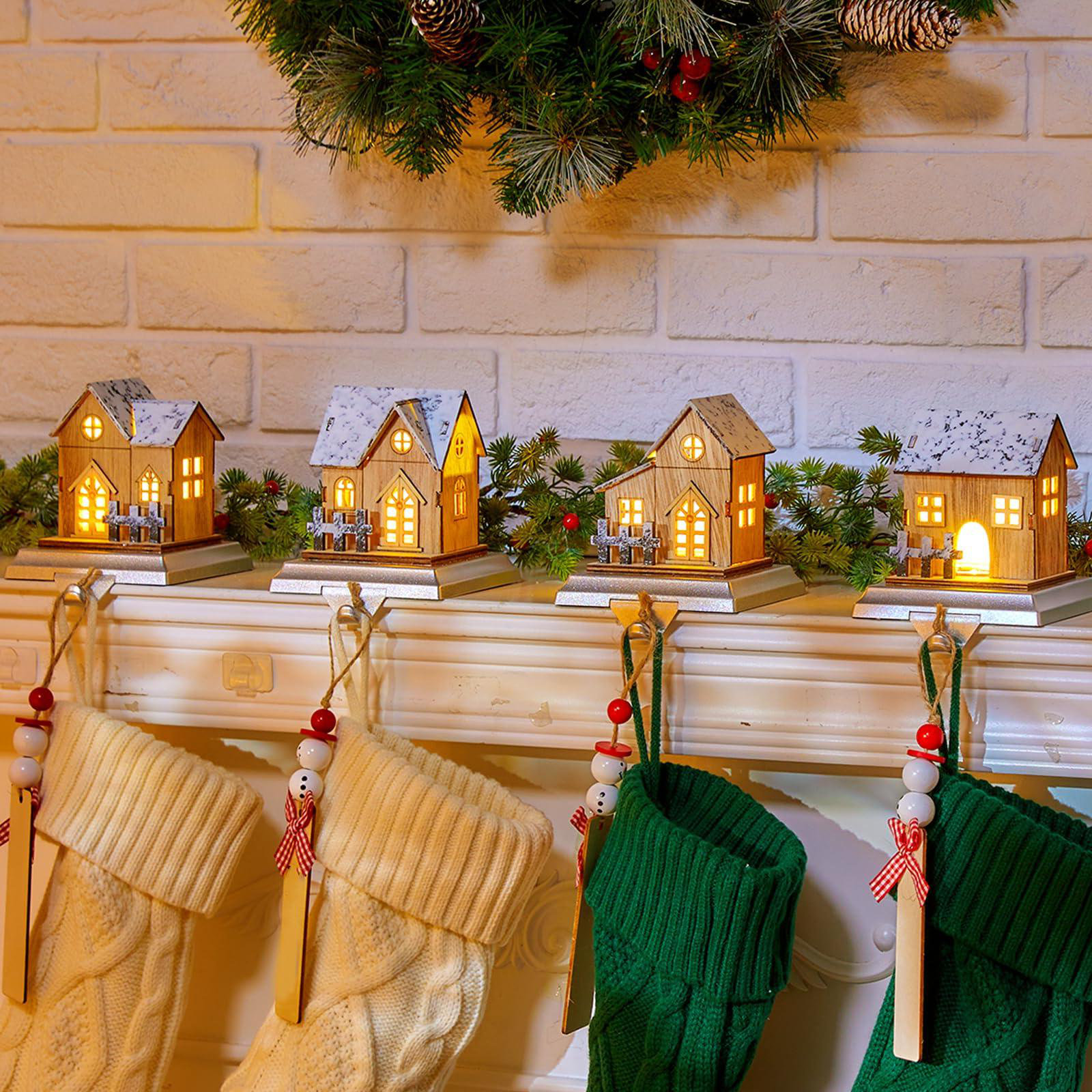 VOMGEB1 4-Pack 3D Wooden House Stocking Hangers with LED Lights | Wayfair