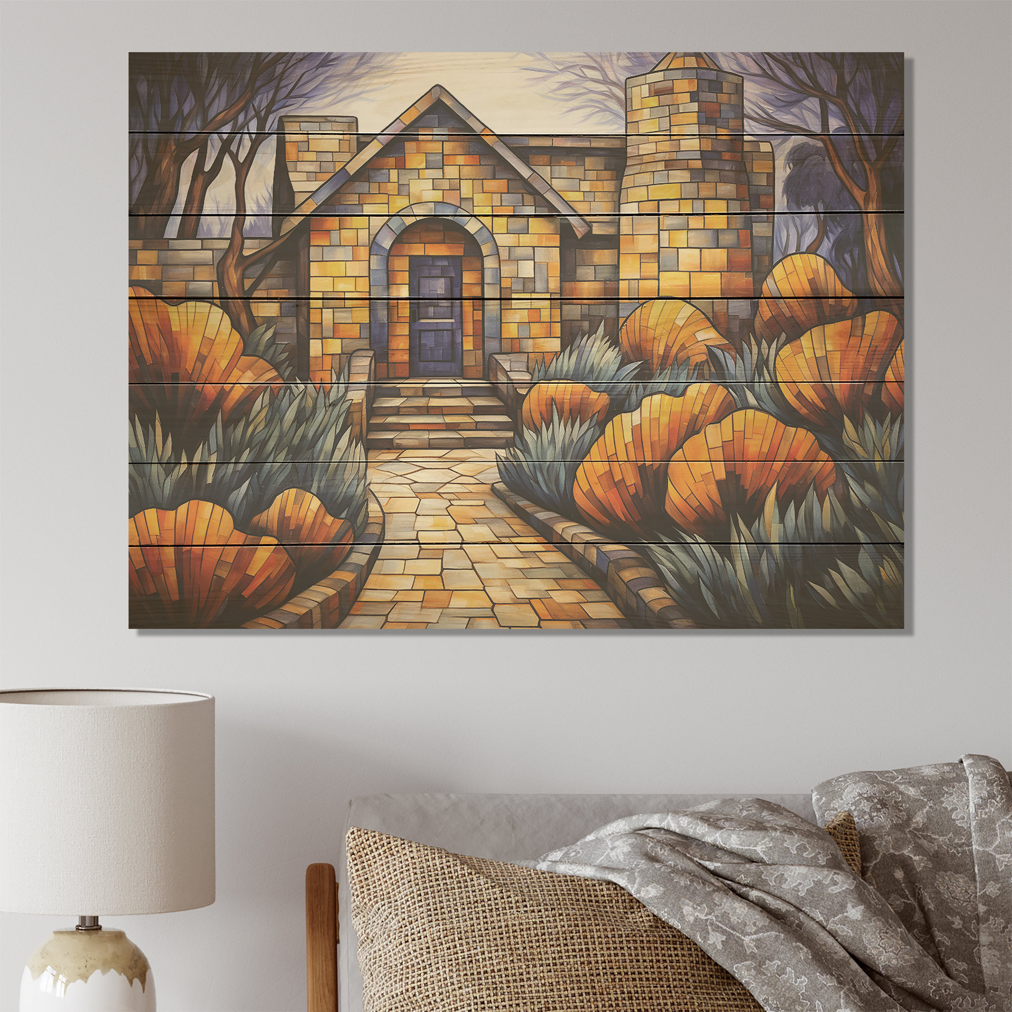 Dovecove Yellow Cottage Garden Gateway II - Landscape On Wood Print ...