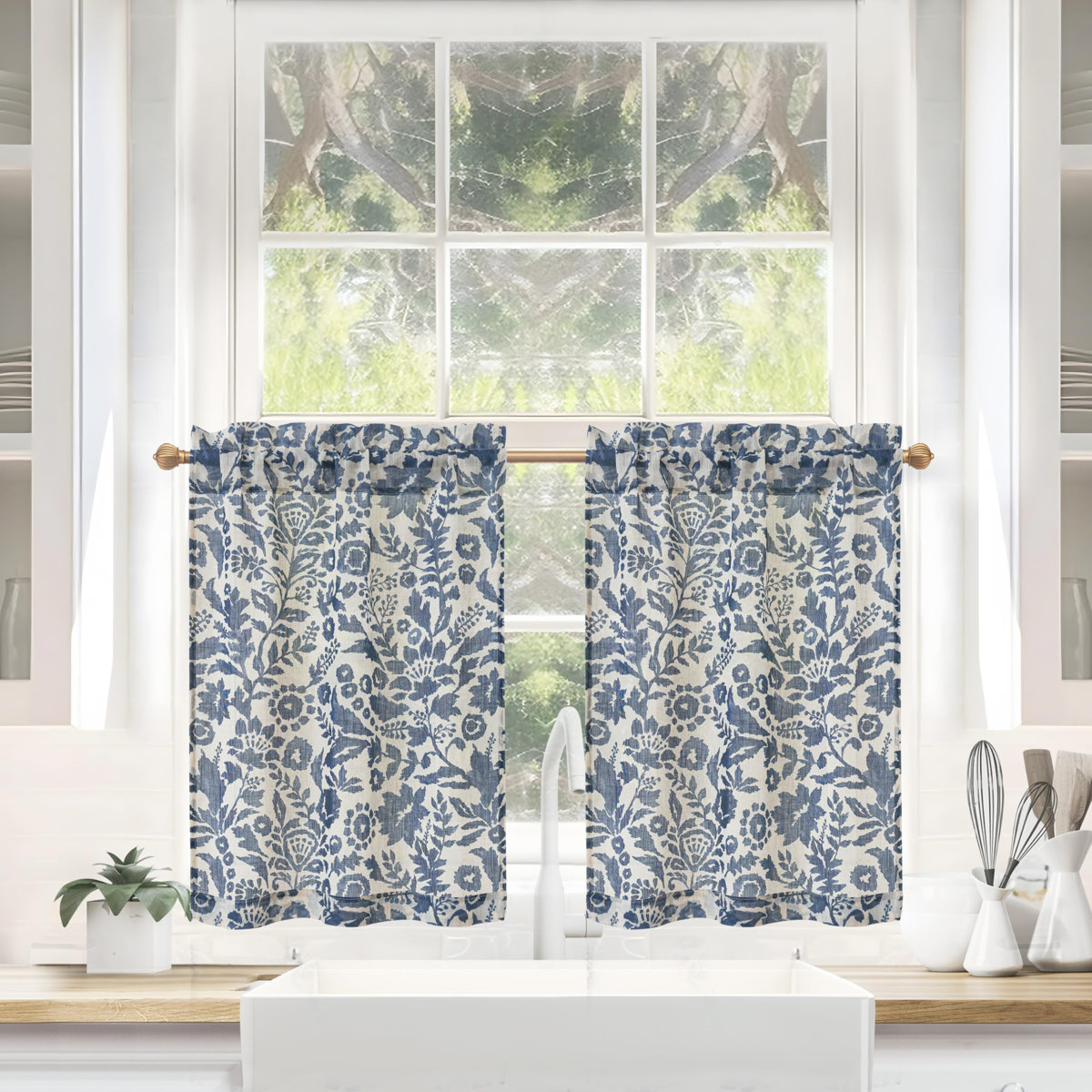 Winston Porter Kitchen Curtain Floral Tier Linen Short Pinstripe Cafe ...