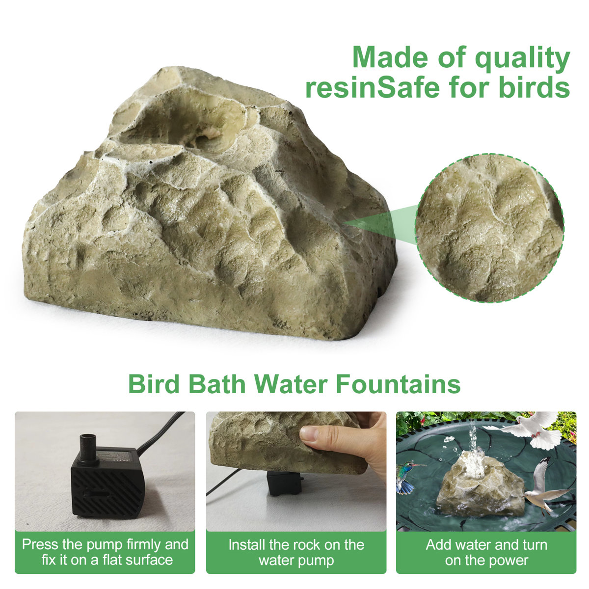 Arlmont & Co. Bird Bath Water Fountain, Granite Air Pump Rock With Pump ...
