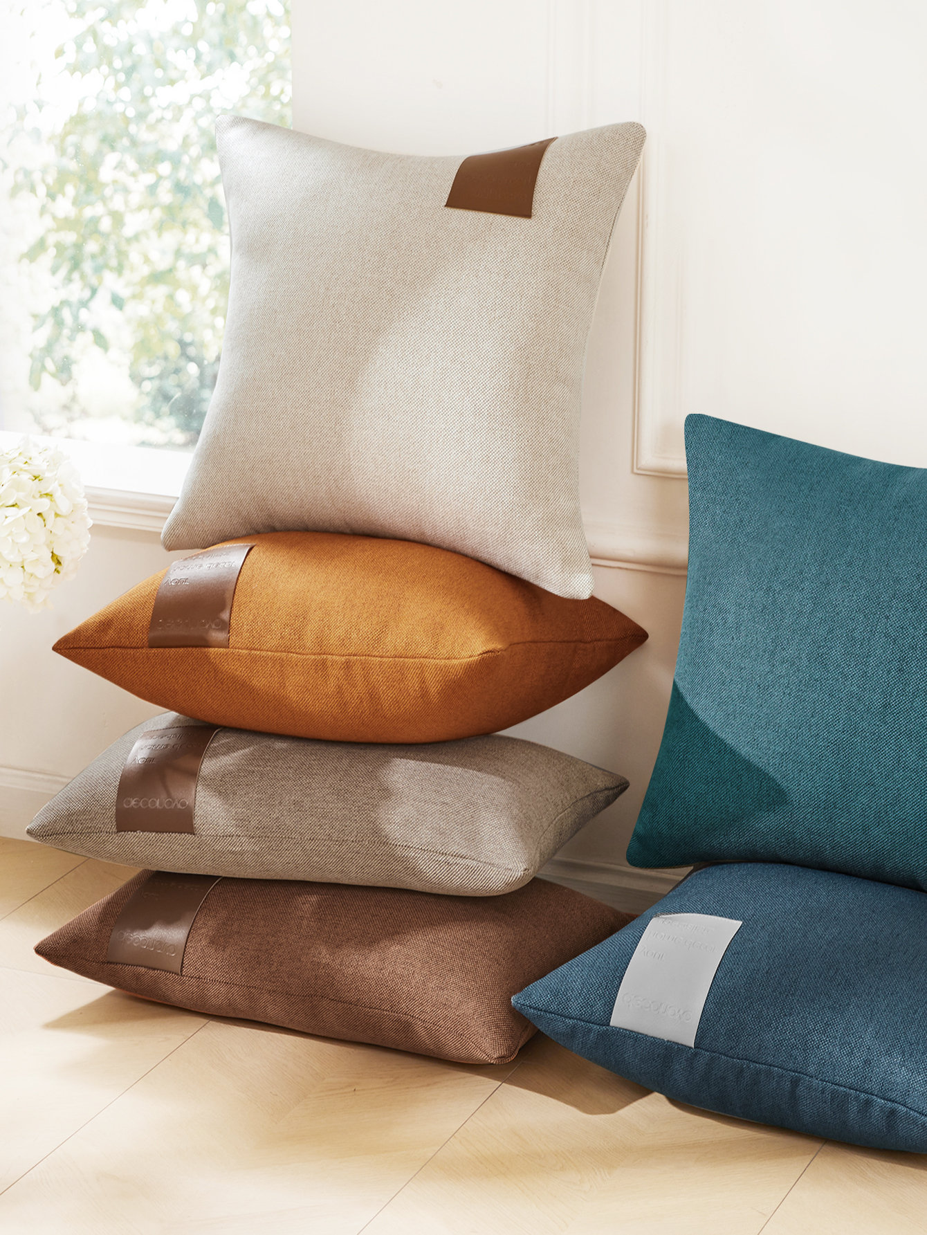 Deconovo Decorative Linen Solid Throw Pillow Covers with Leather Label ...