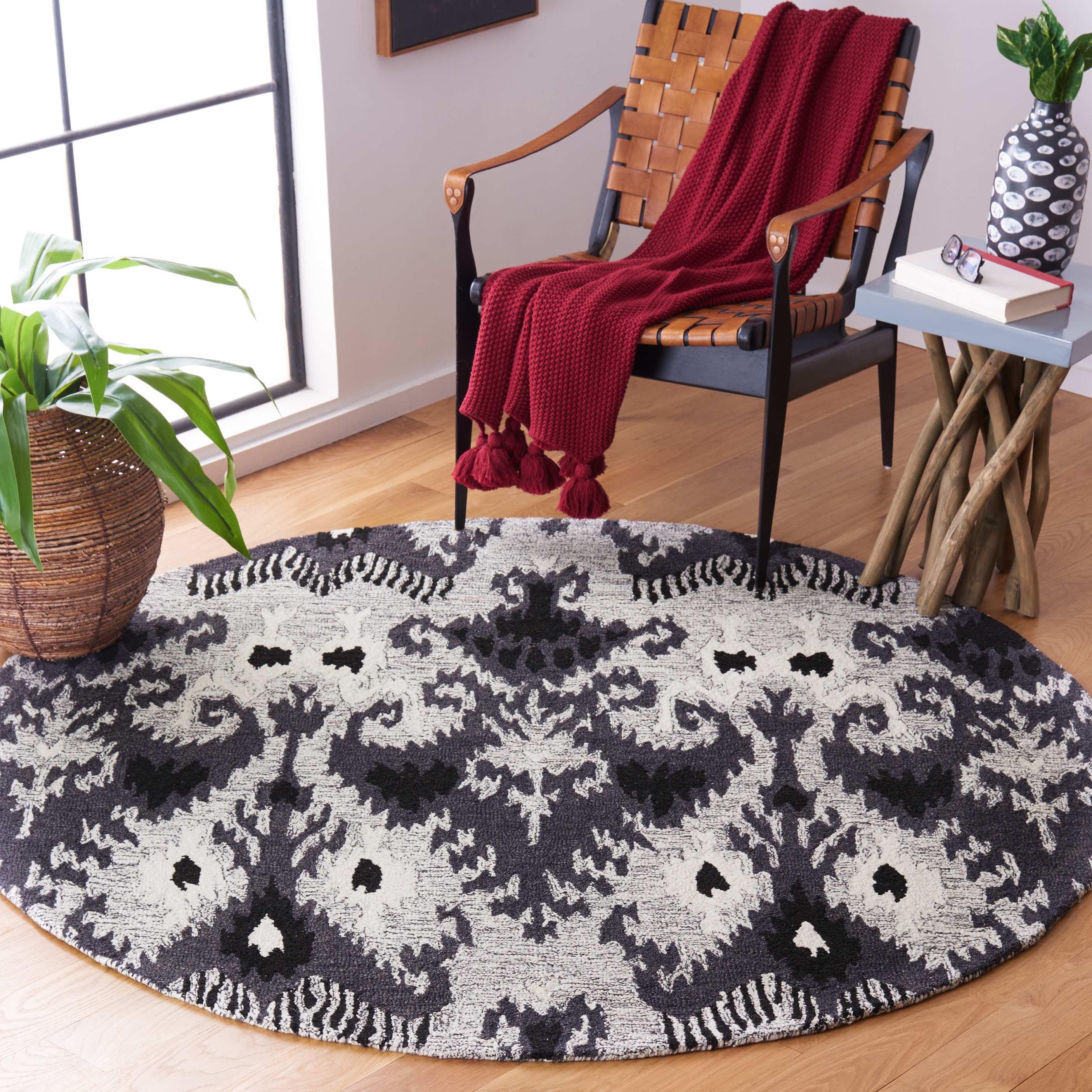 Bungalow Rose Ikat Hand Tufted Wool/Cotton Ikat Rug in Black/Gray | Wayfair