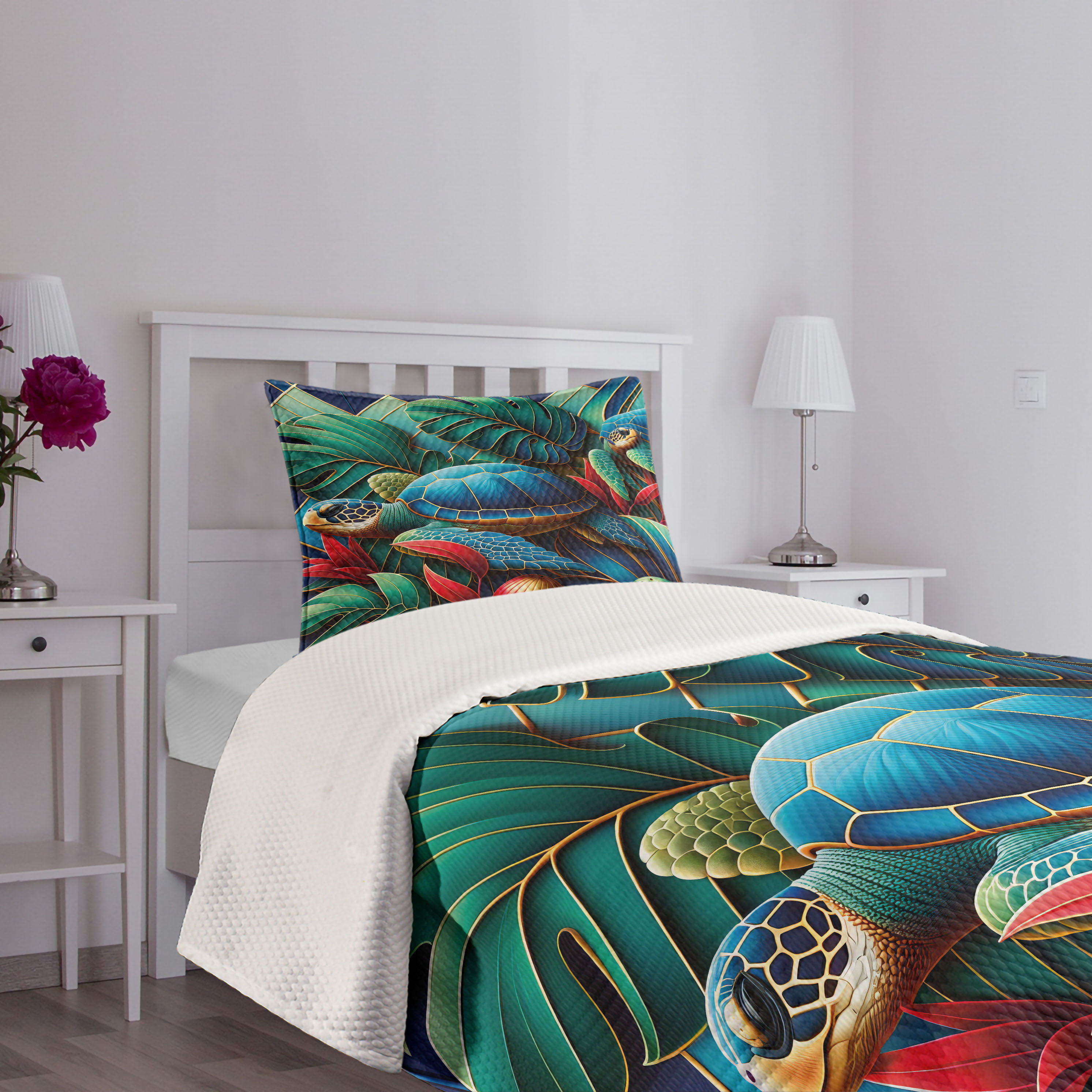 Ambesonne Turtle Bedspread Set Exotic Deep Sea Monstera Teal Vermilion ...
