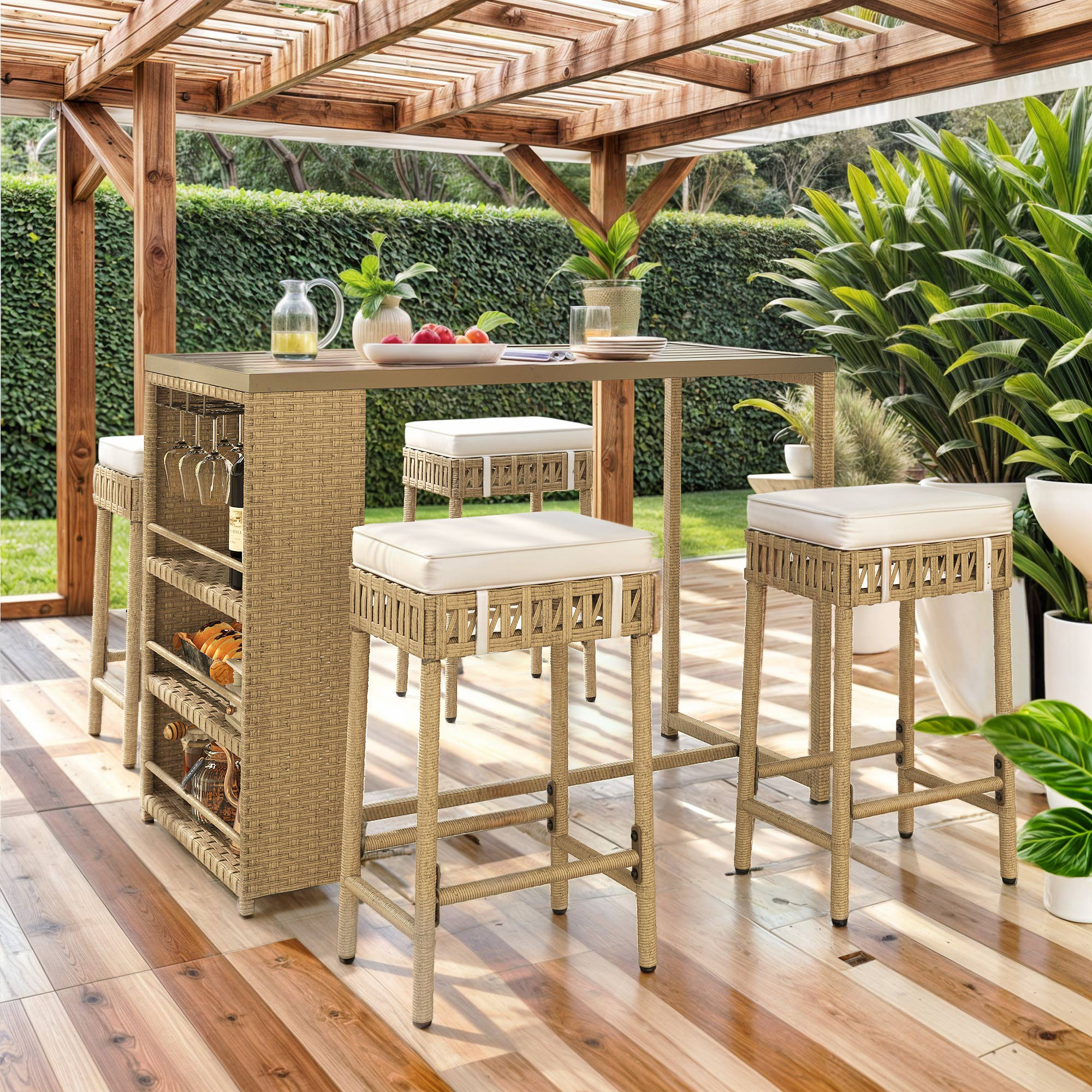 Bay Isle Home™ 5 Pcs of Rattan Bar Set with High Top Dining Table, 4 ...