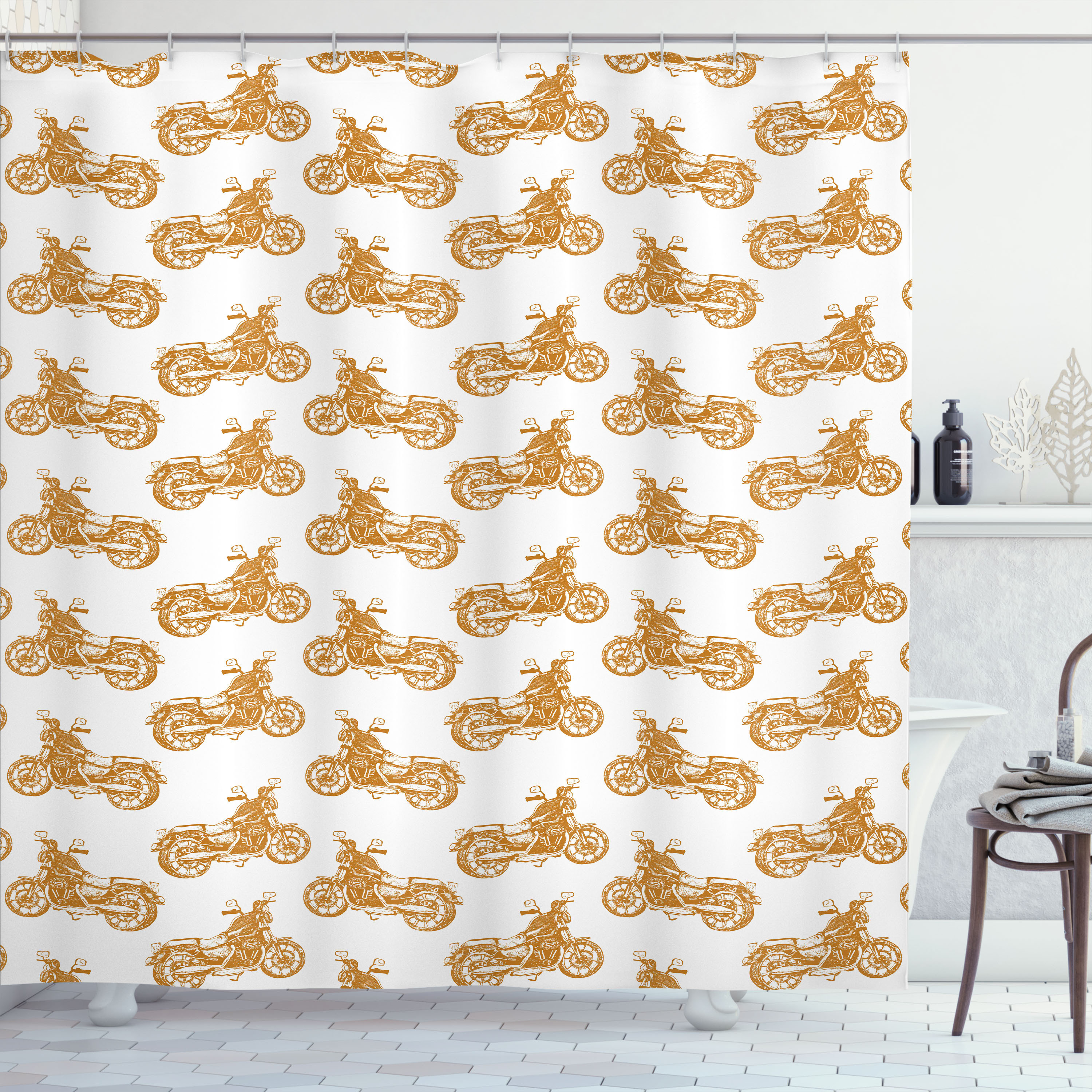 Dovecove Motorcycle Shower Curtain Sketchy Choppers Pale Brown White ...