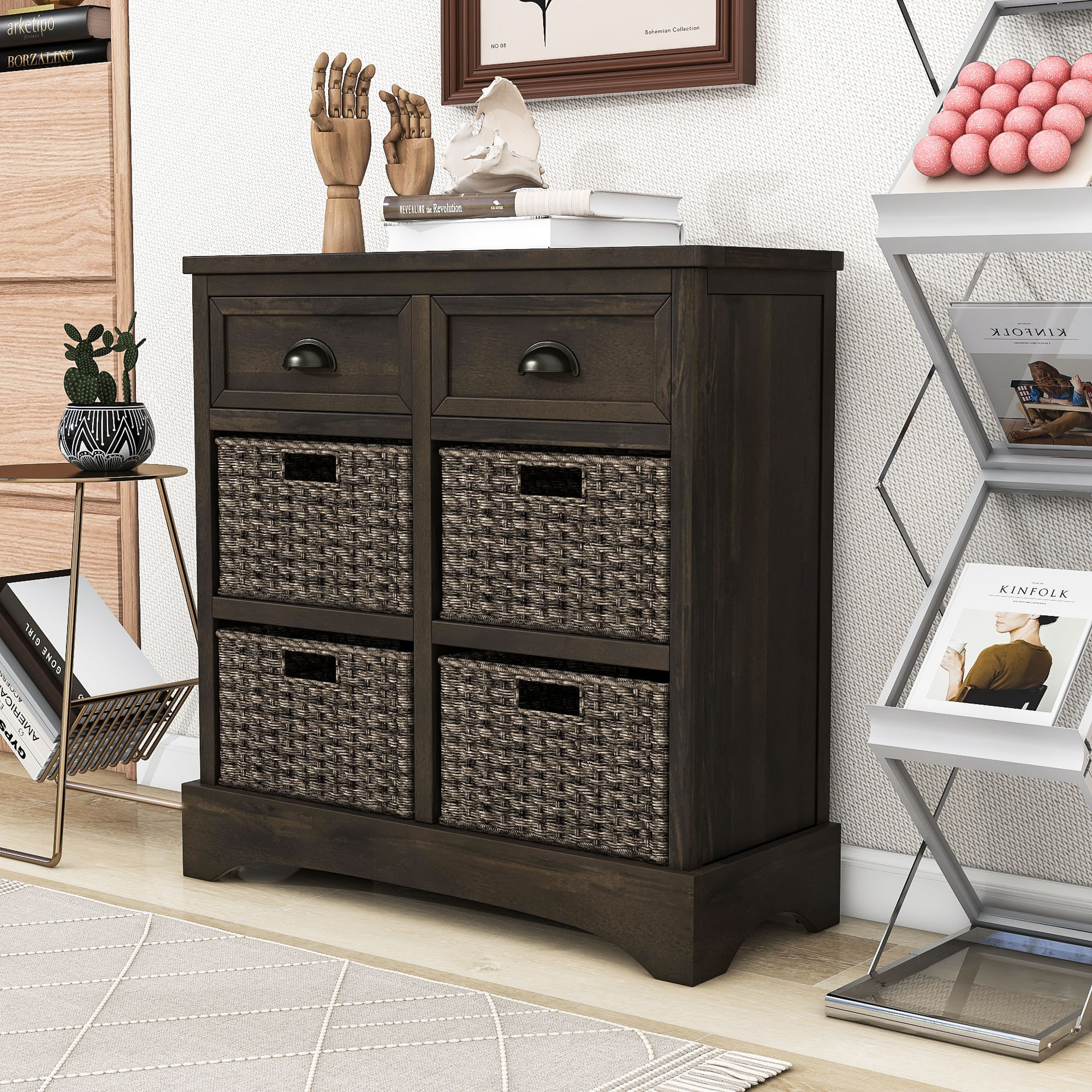 Lark Manor Broucek Wooden Storage Accent Chest with Rattan Basket and ...