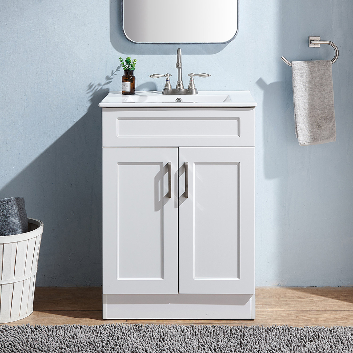 Ebern Designs 24" White Modern 2-Door Free-standing Single Bathroom ...