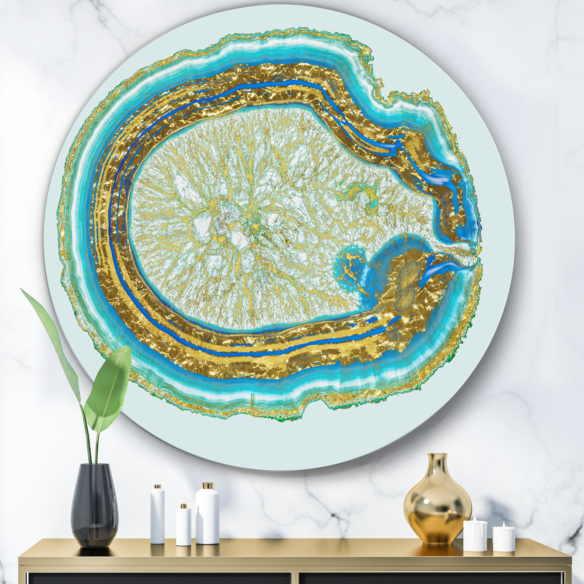 East Urban Home 'Volcanoa Blue And Gold Agate' Print on Metal Circle ...