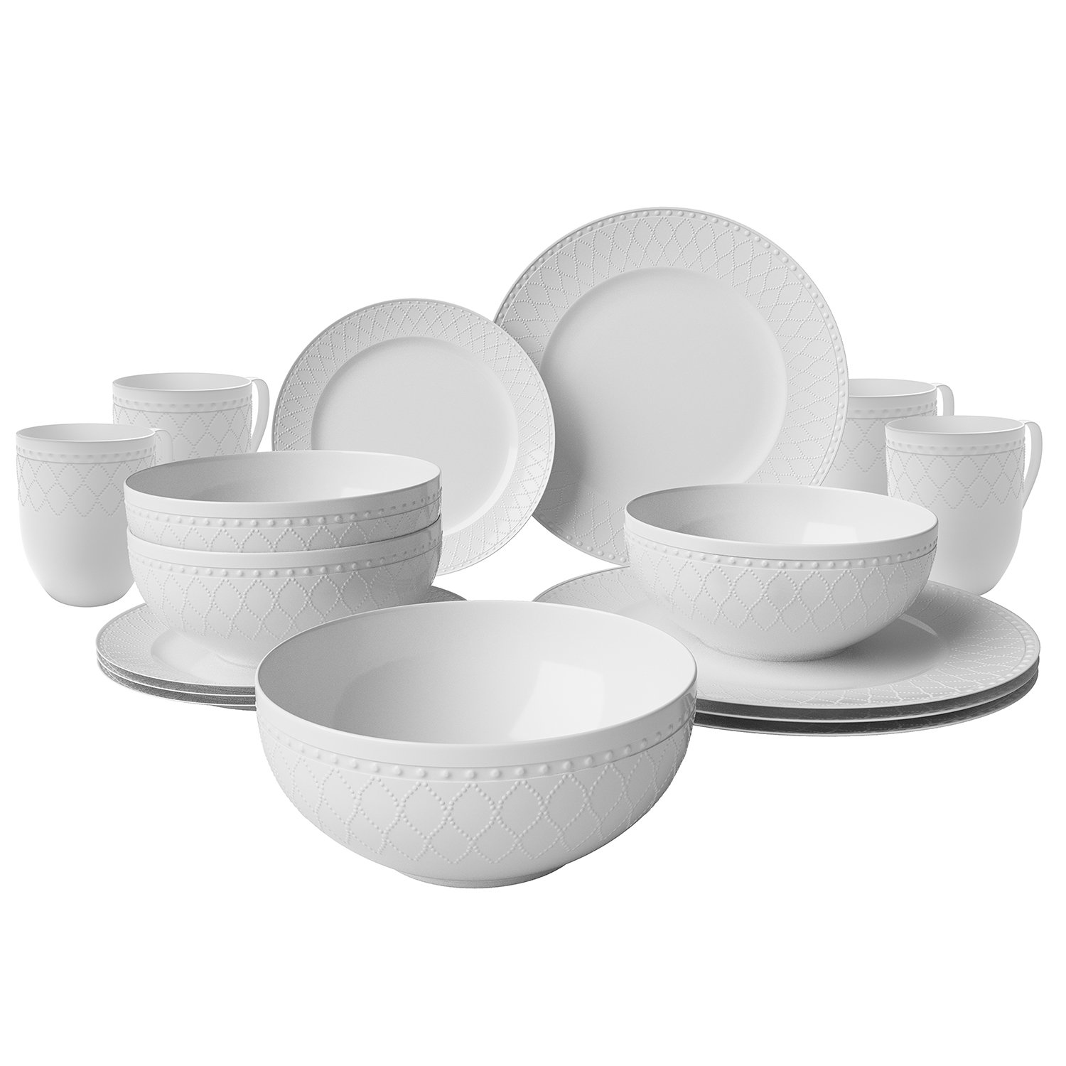Ebern Designs 16-piece White Embossed Mesh Bone China Dinnerware With Lightweight Durable Chip ...