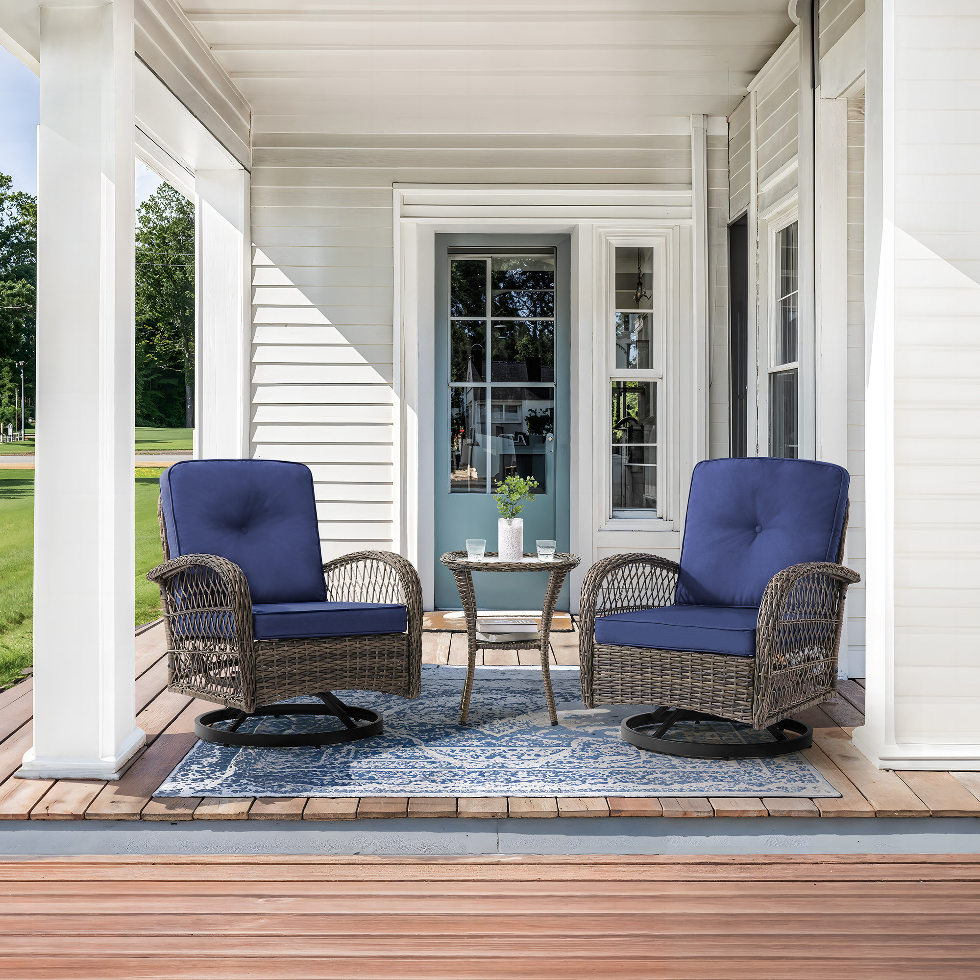 Bay Isle Home™ Rattan Outdoor Swivel Rocker Chair & Table Set With ...