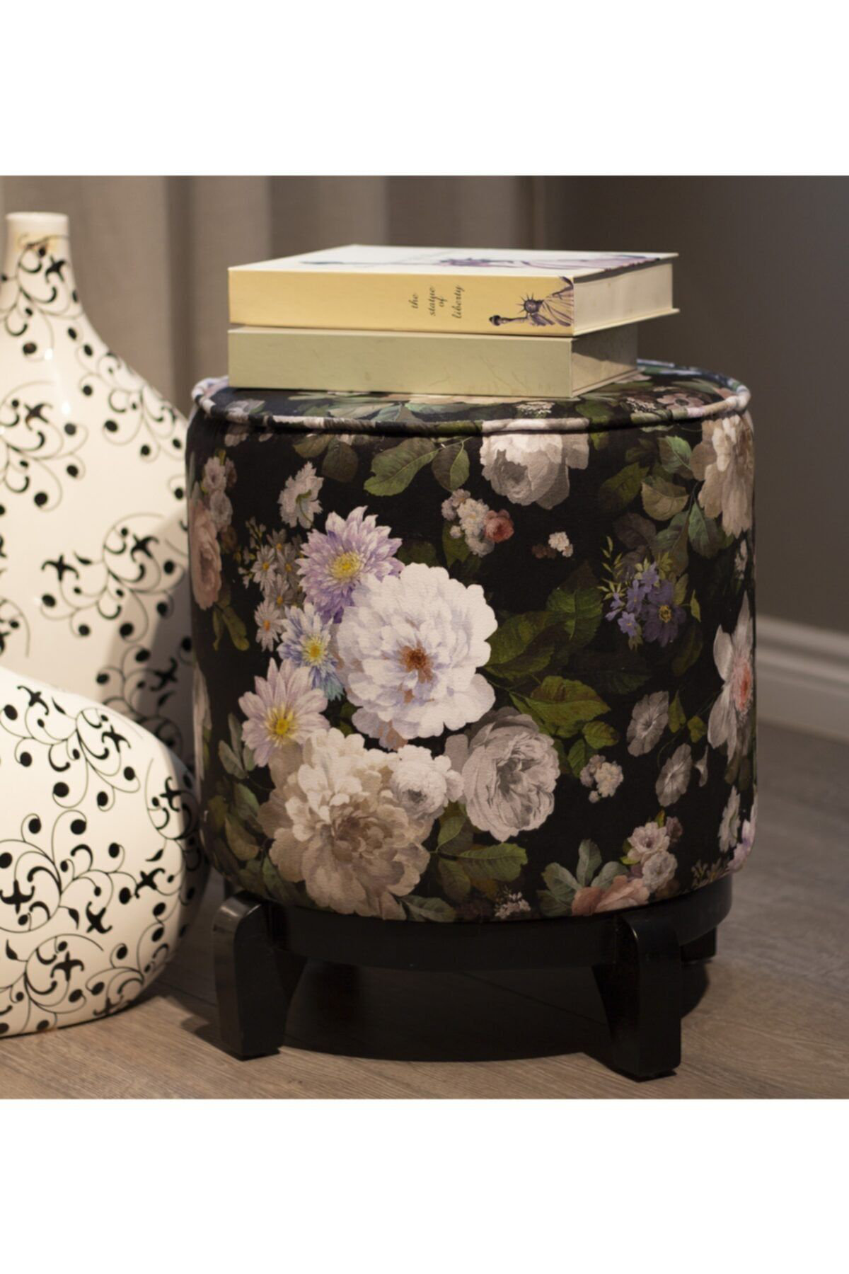 Latitude Run® Black Flower Wooden Legged Pouf - Wayfair Canada