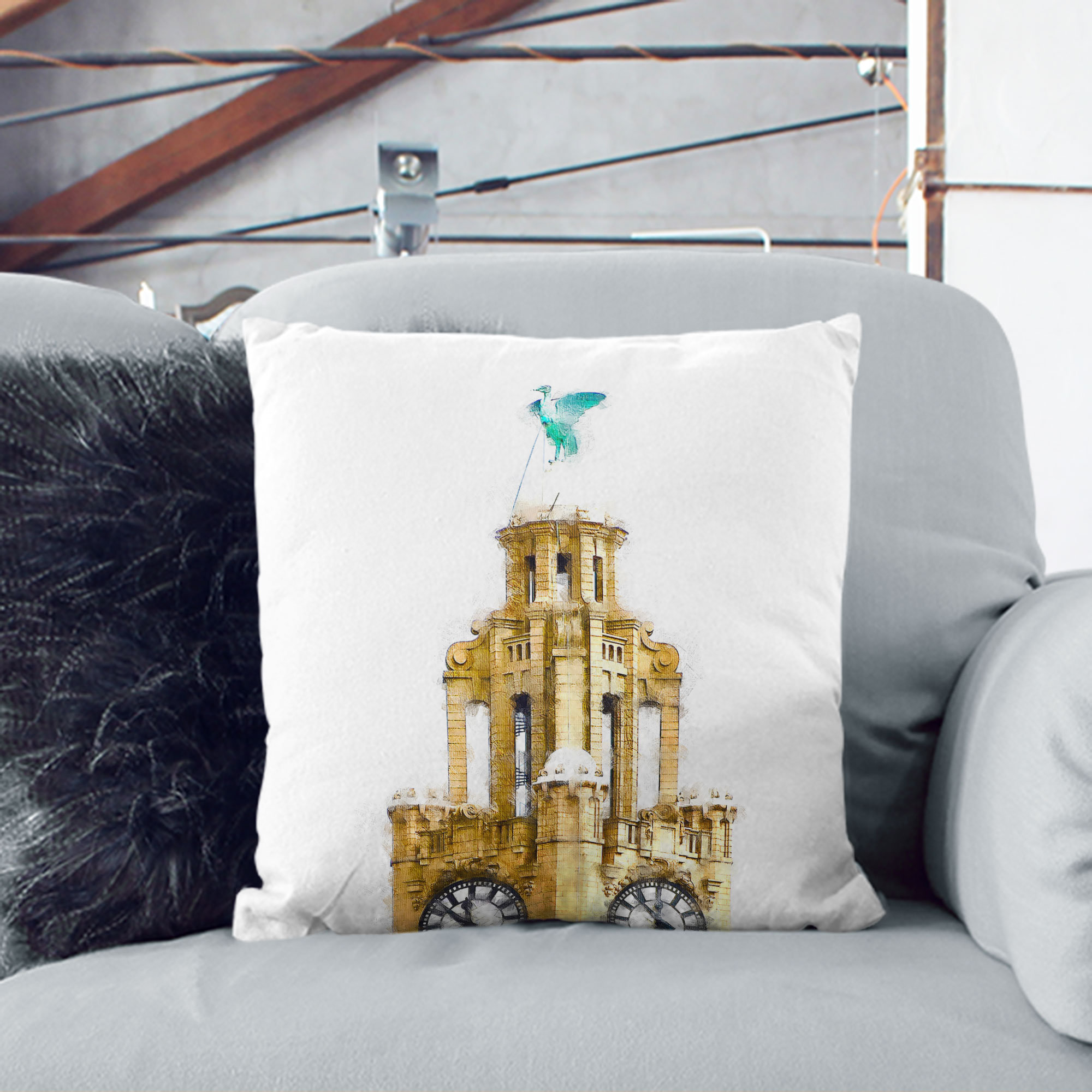 East Urban Home The Liver Building Liverpool Painting Cushion with ...