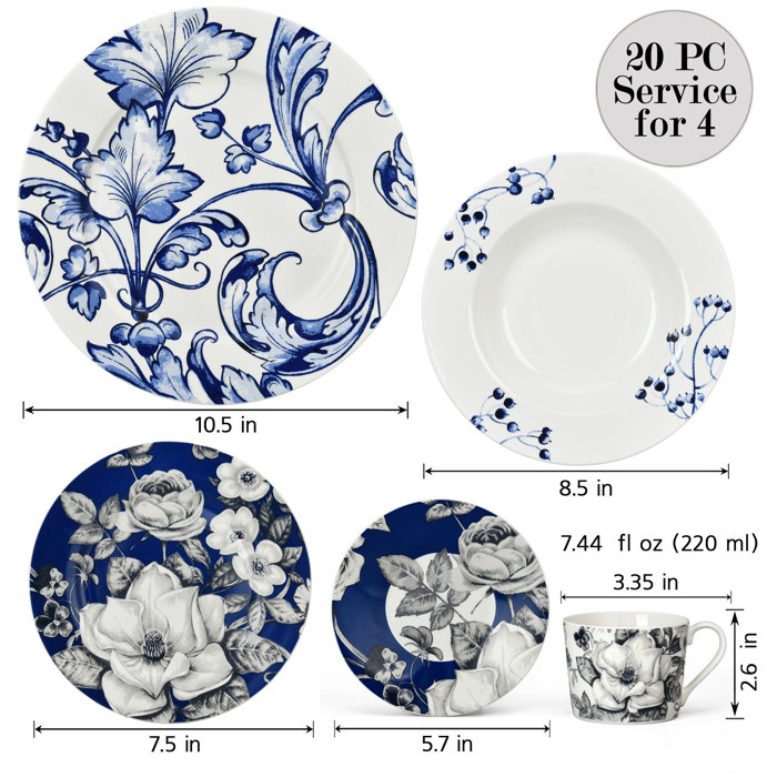 STP Goods Blue Magnolia Porcelain China Dinnerware Set - Service for 4 ...