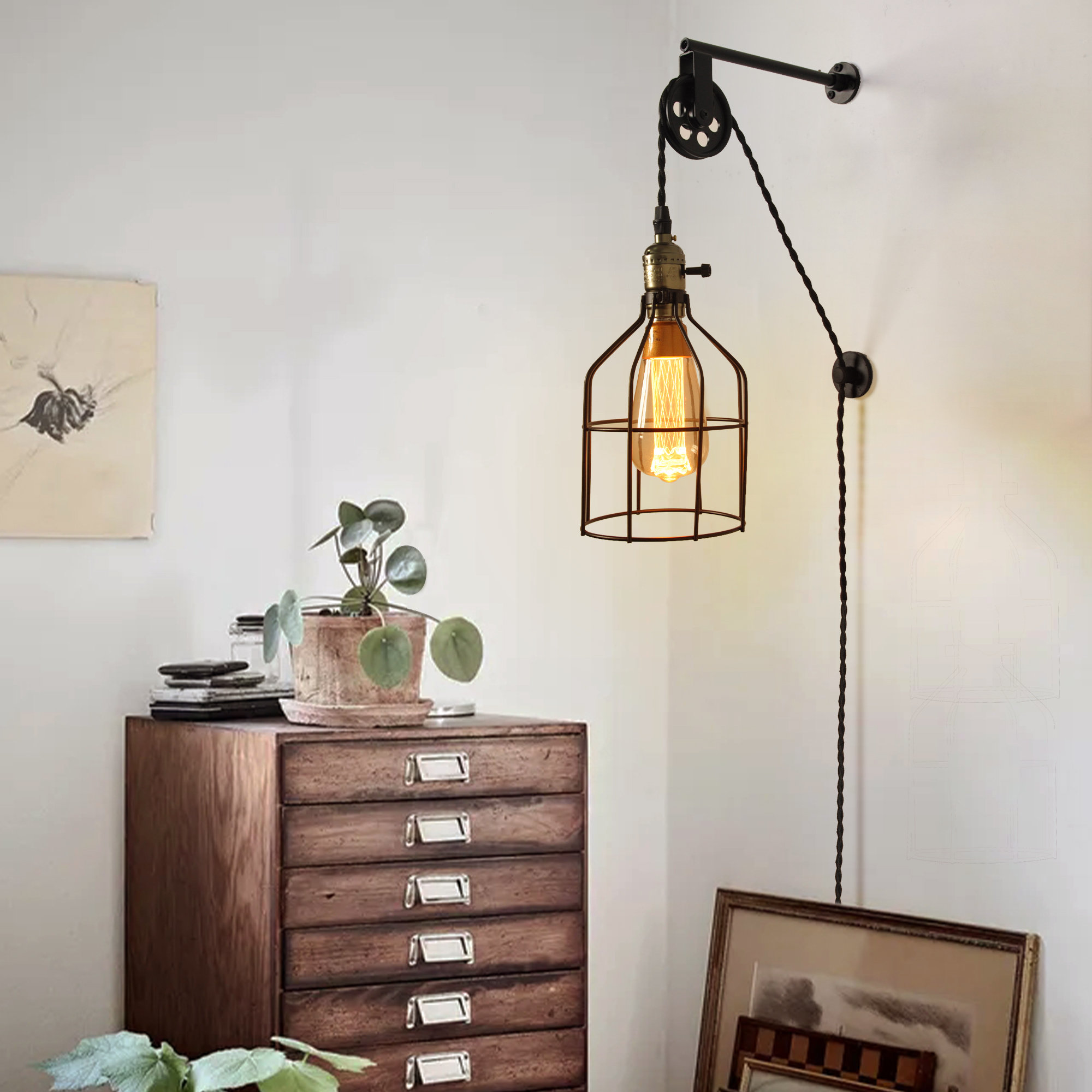 Williston Forge Rustic Metal Cage Wall Lamp Lift Pipe Pulley Wall ...