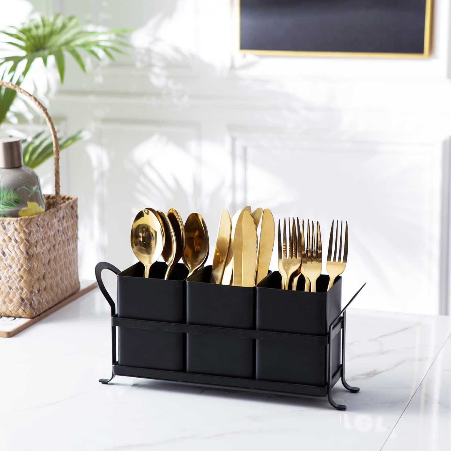 Artmeer Metal Silverware Caddy with 3 Compartments - Padded Feet, Black ...