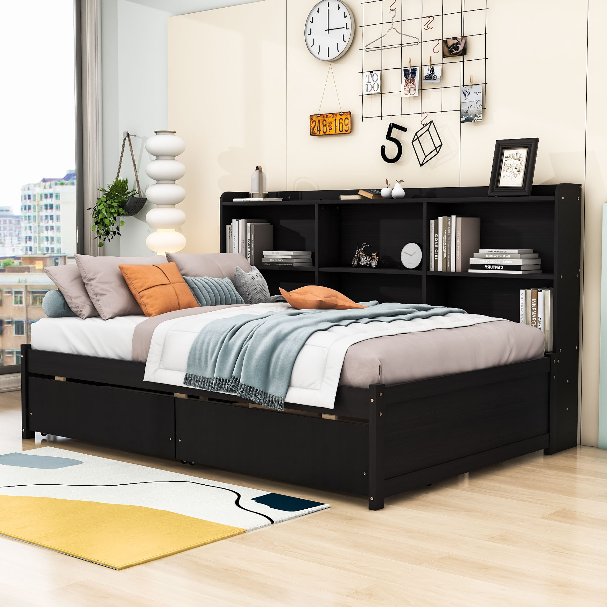 Lark Manor™ Wood Bed with Side Bookcase and Drawers | Wayfair