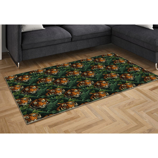 Bungalow Rose Green Floral Animal Design Washable Decorative Tiger ...