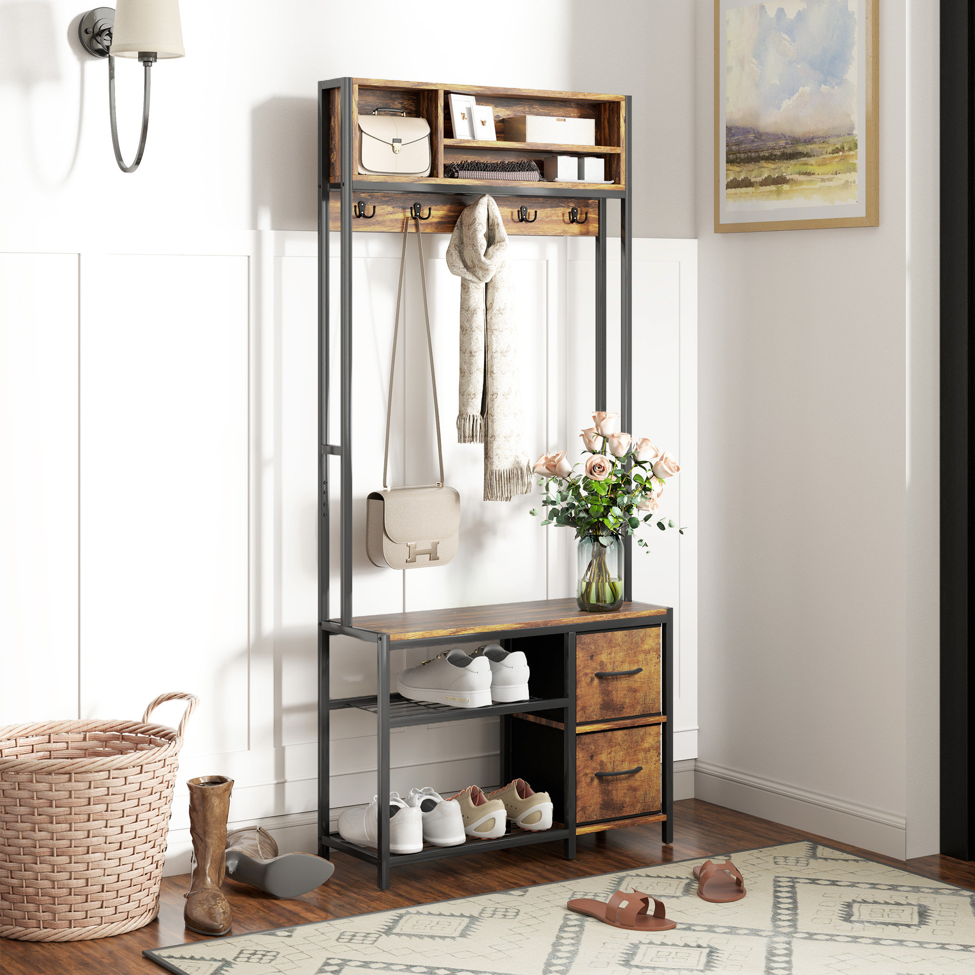 Ebern Designs Hall Tree With Bench And Shoe Storage, 5-In-1 Entryway ...