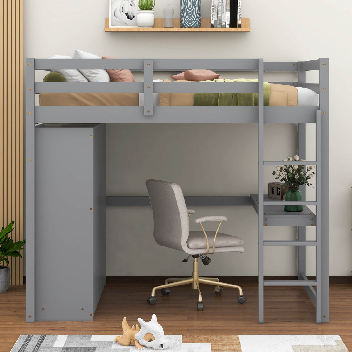 Harriet Bee Avoca Wood Full Size Loft Bed with Built-in Wardrobe, Desk ...