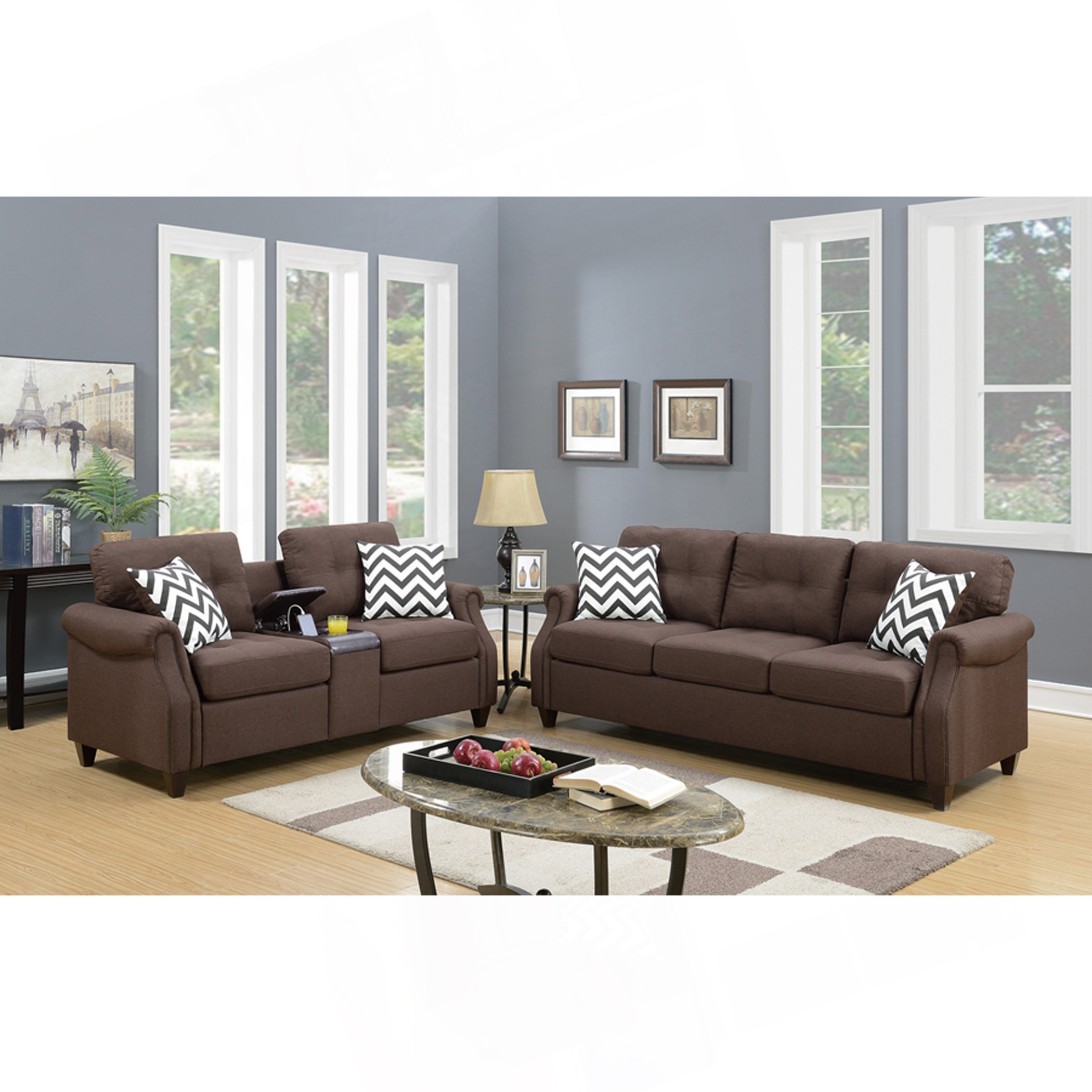 Everly Quinn 2Pcs Sofa Set Living Room Furniture Dark Coffee Plush ...
