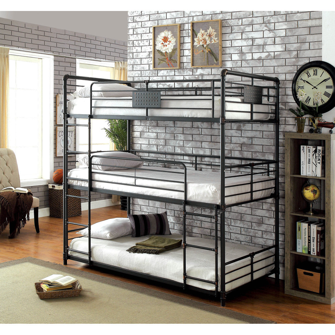 17 Stories Twin Over Twin Over Twin Bunk Bed Industrial Style Metal ...