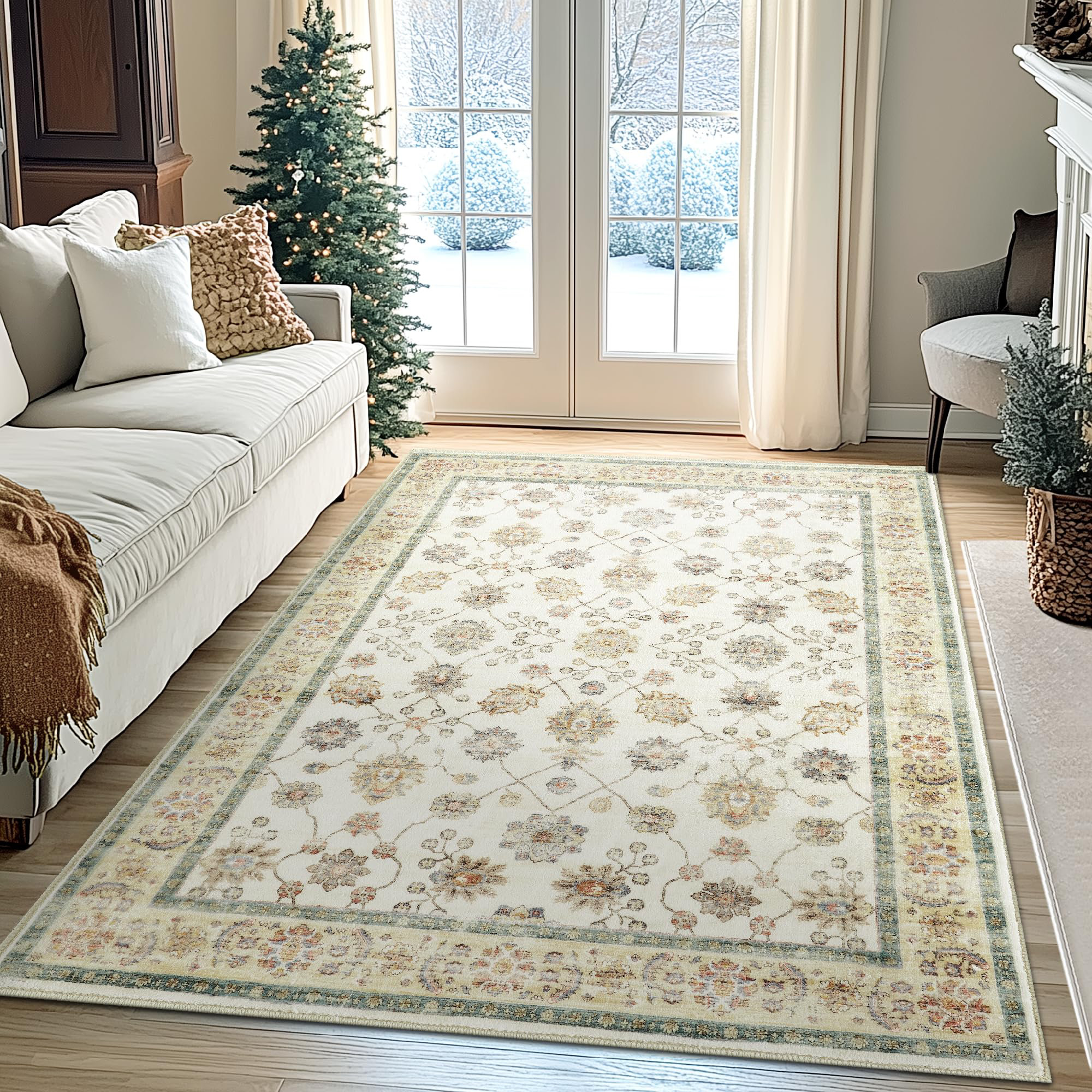 Bungalow Rose Vintage Floral Machine Washable Cream Area Rug | Wayfair